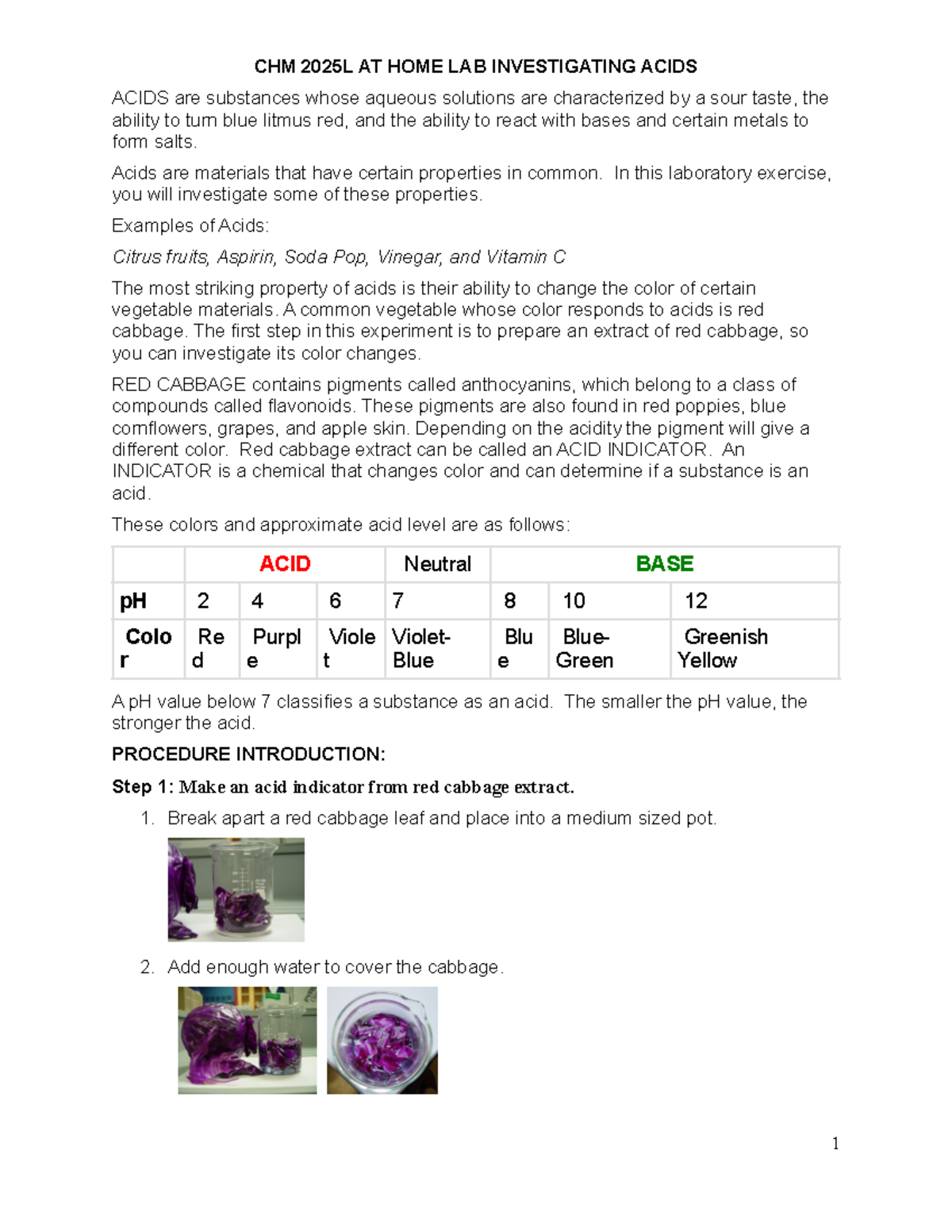 Lab 5 - ASSIGNMENT - CHM 2025L AT HOME LAB INVESTIGATING ACIDS ACIDS ...