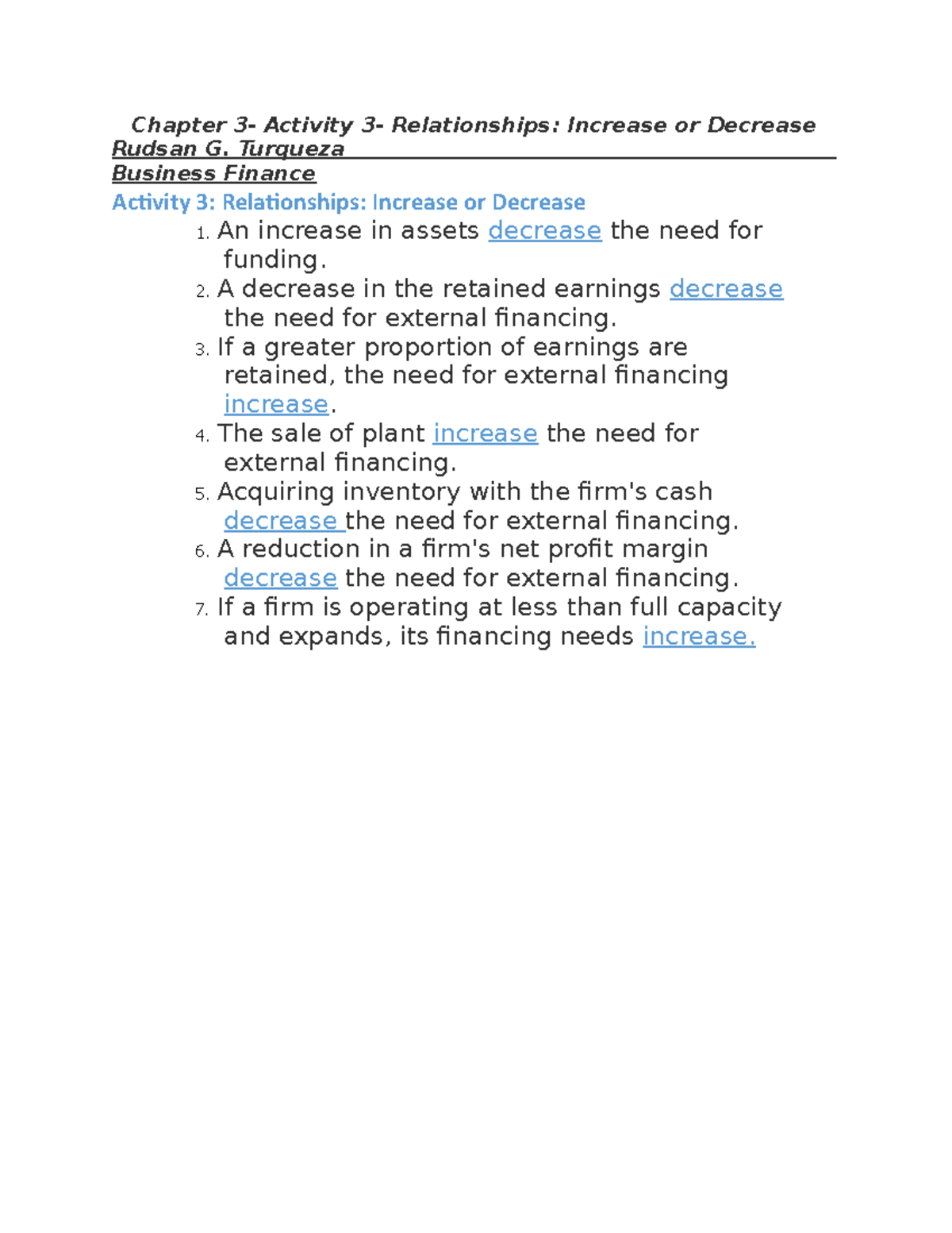 Chapter 3- Activity 3- Relationships Increase or Decrease - Turqueza Business Finance Activity 3 ...