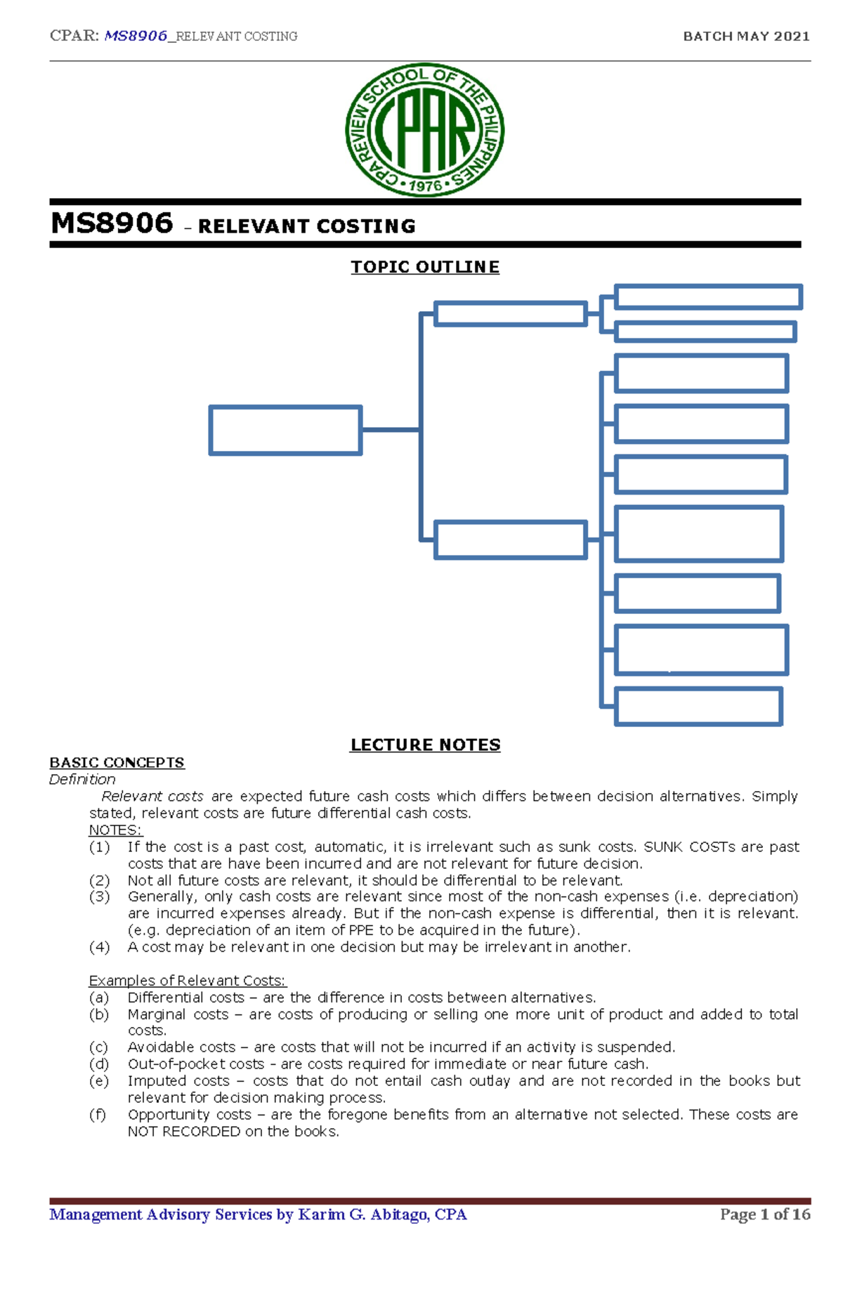 relevant costing - MS8906 – RELEVANT COSTING TOPIC OUTLINE LECTURE ...
