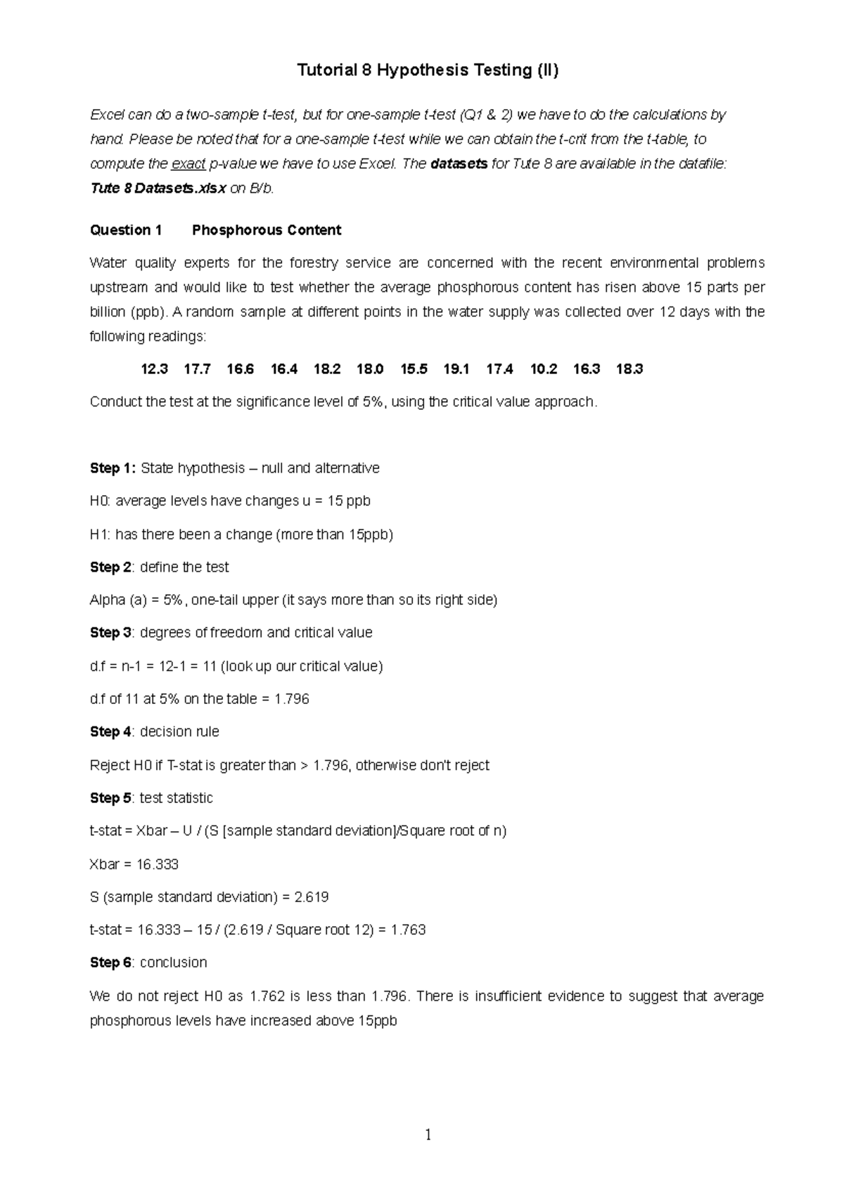 Tute 8 Hypothesis Testing II - Tutorial 8 Hypothesis Testing (II) Excel ...