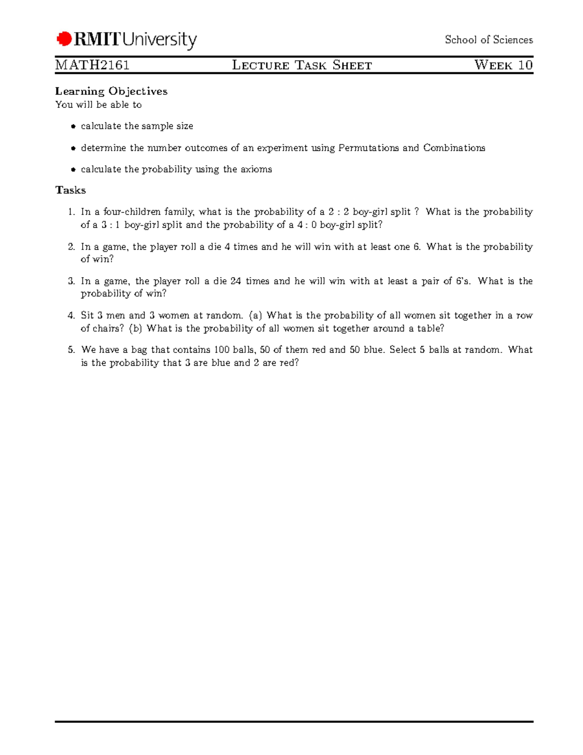 TSht Wk 10 - Week 10 Task Sheet - School of Sciences MATH2161 Lecture Task Sheet Week 10 ...