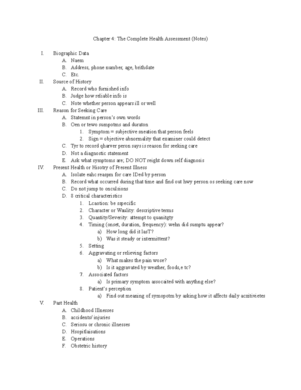 Chapter 4 The Complete Health Assessment (Notes) - Chapter 4: The ...