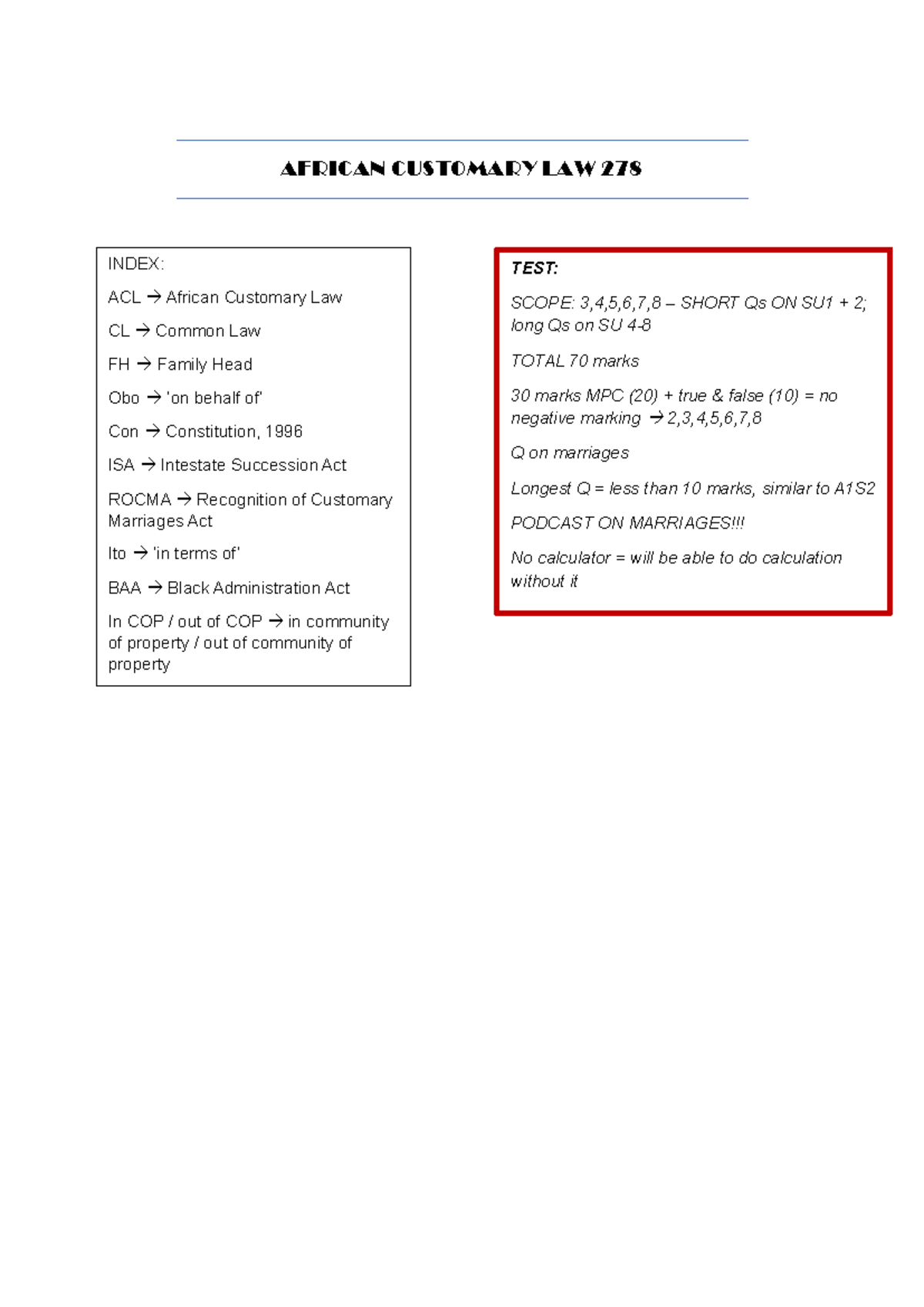 ACL EXAM - Exam notes and cases - AFRICAN CUSTOMARY LAW 278 INDEX: ACL ...