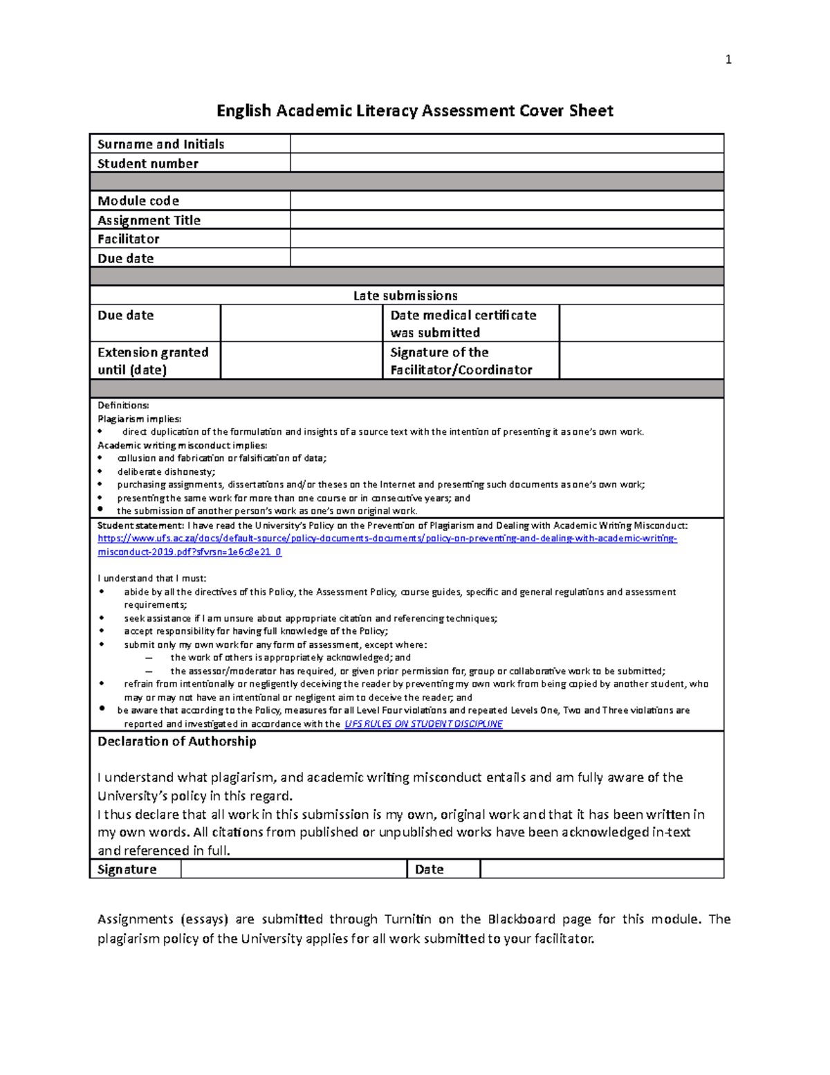 English Academic Literacy Assessment Cover Sheet - Academic writing ...
