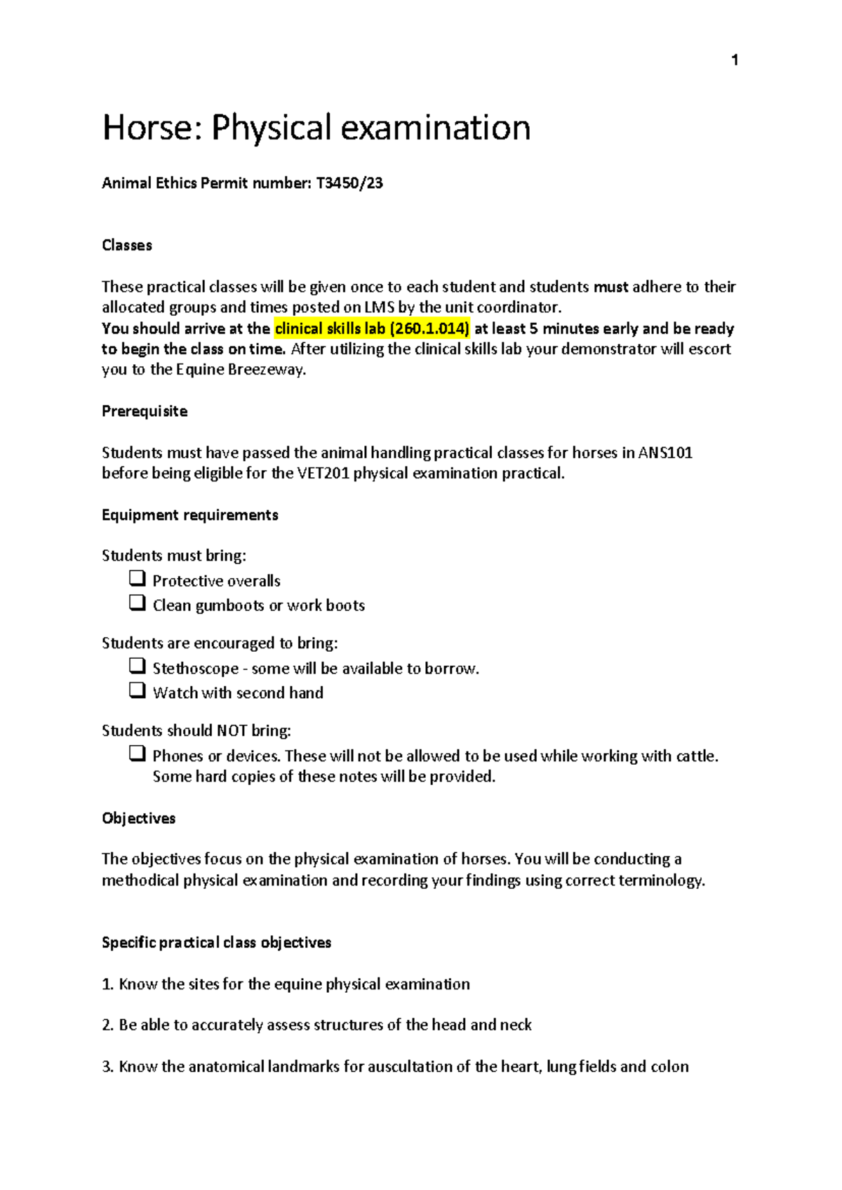 VET201 Physical examination notes (equine) 2024 - Horse: Physical ...