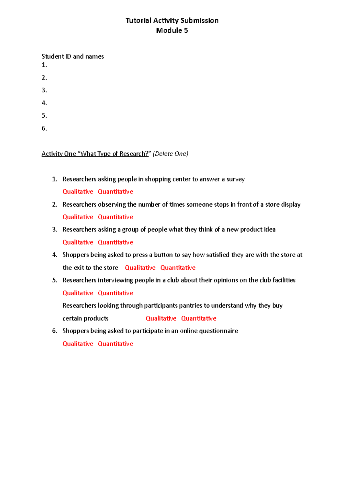Tutorial Activity Submission Week 5 - Tutorial Activity Submission Module 5 Student ID and names ...