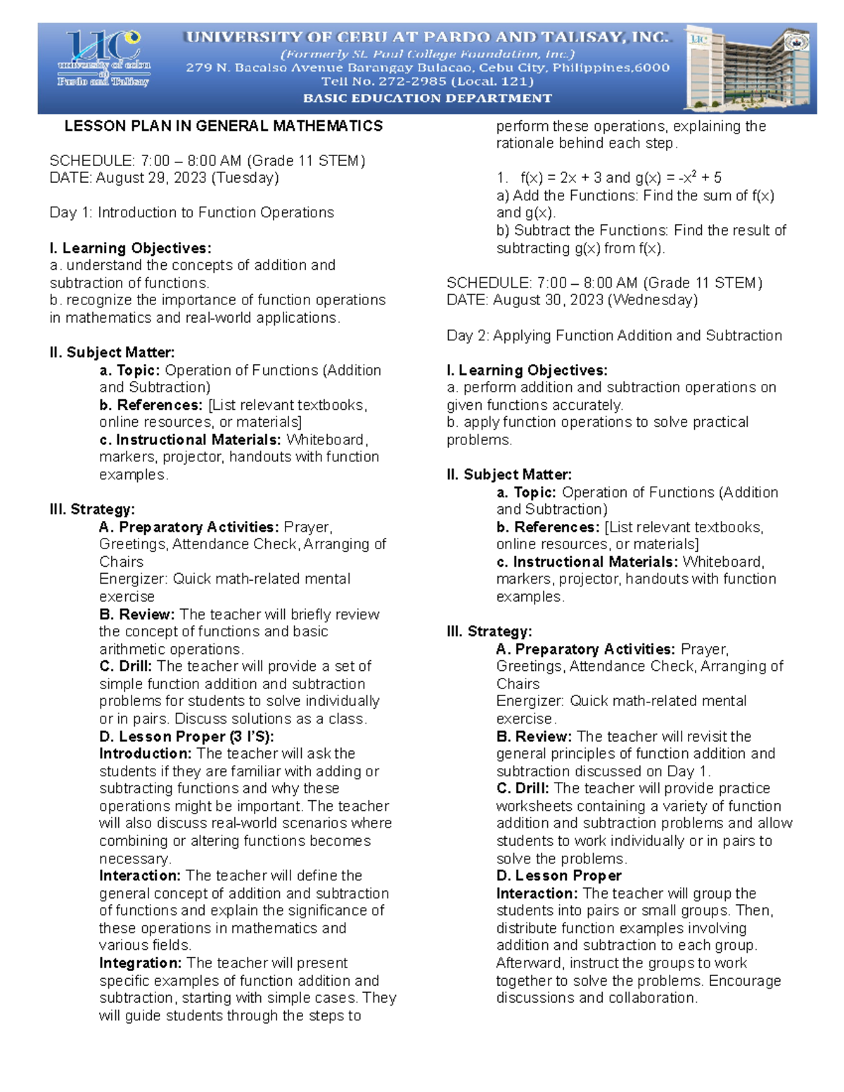 3 Is Weekly Plan - Lesson Plan - LESSON PLAN IN GENERAL MATHEMATICS ...