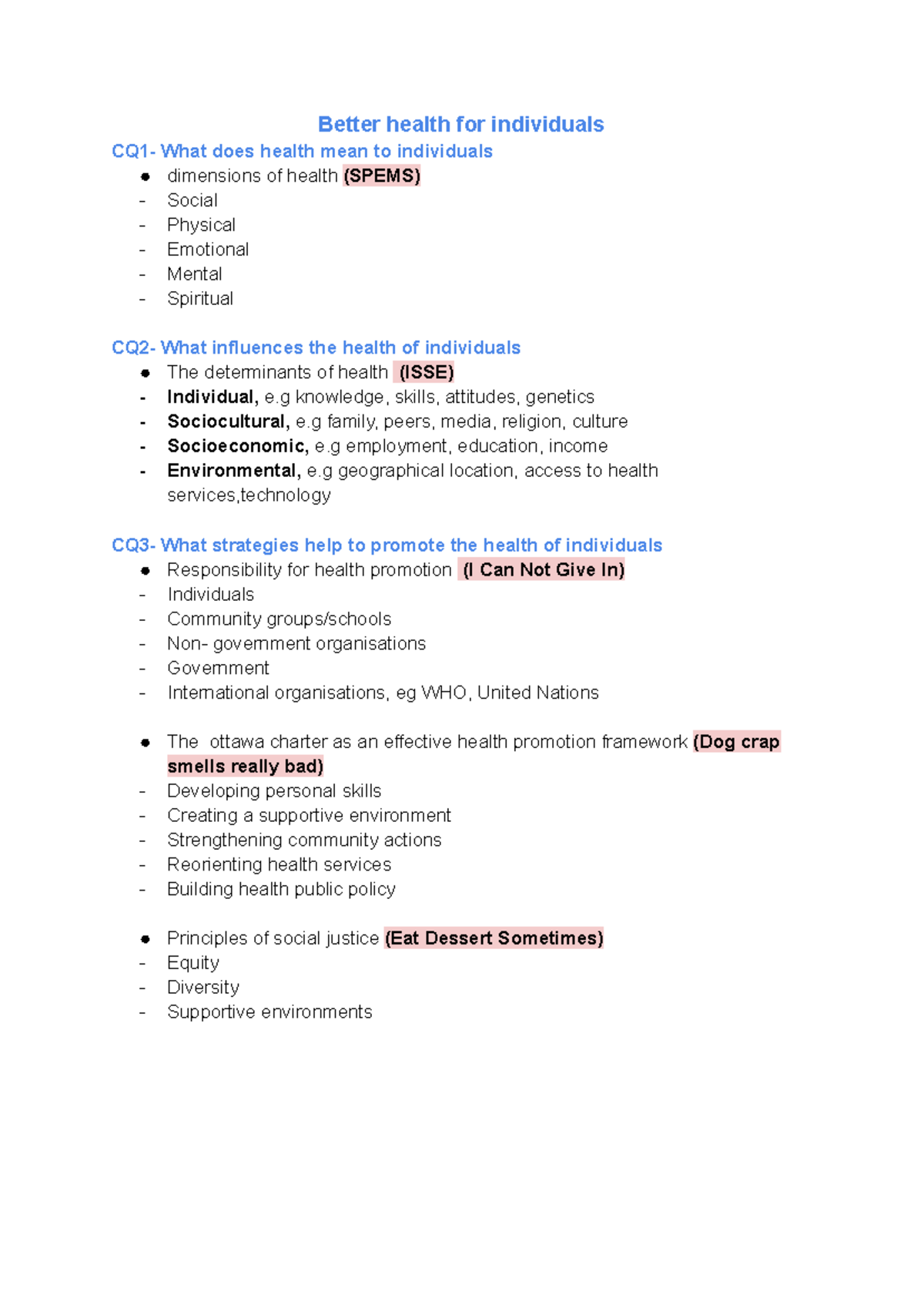 Acronyms prelim Pdhpe - Better health for individuals CQ1- What does ...