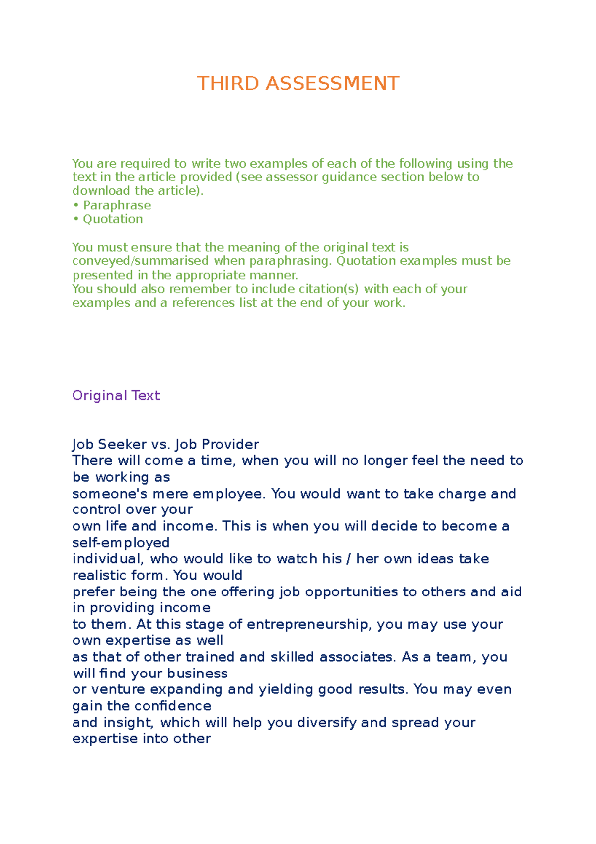 Third Assessment - THIRD ASSESSMENT You are required to write two ...