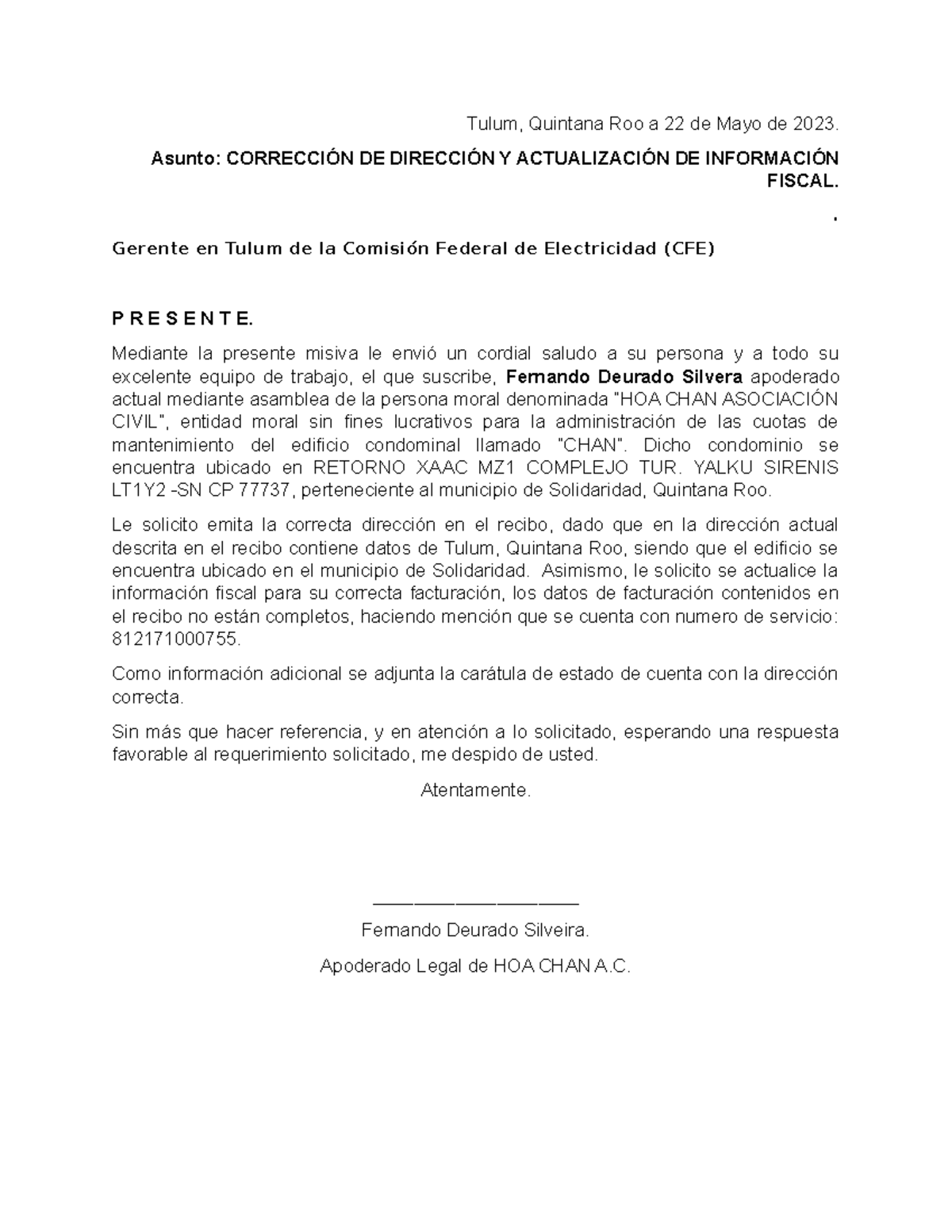 Formato CFE Cambio de razón social - Tulum, Quintana Roo a 22 de Mayo ...