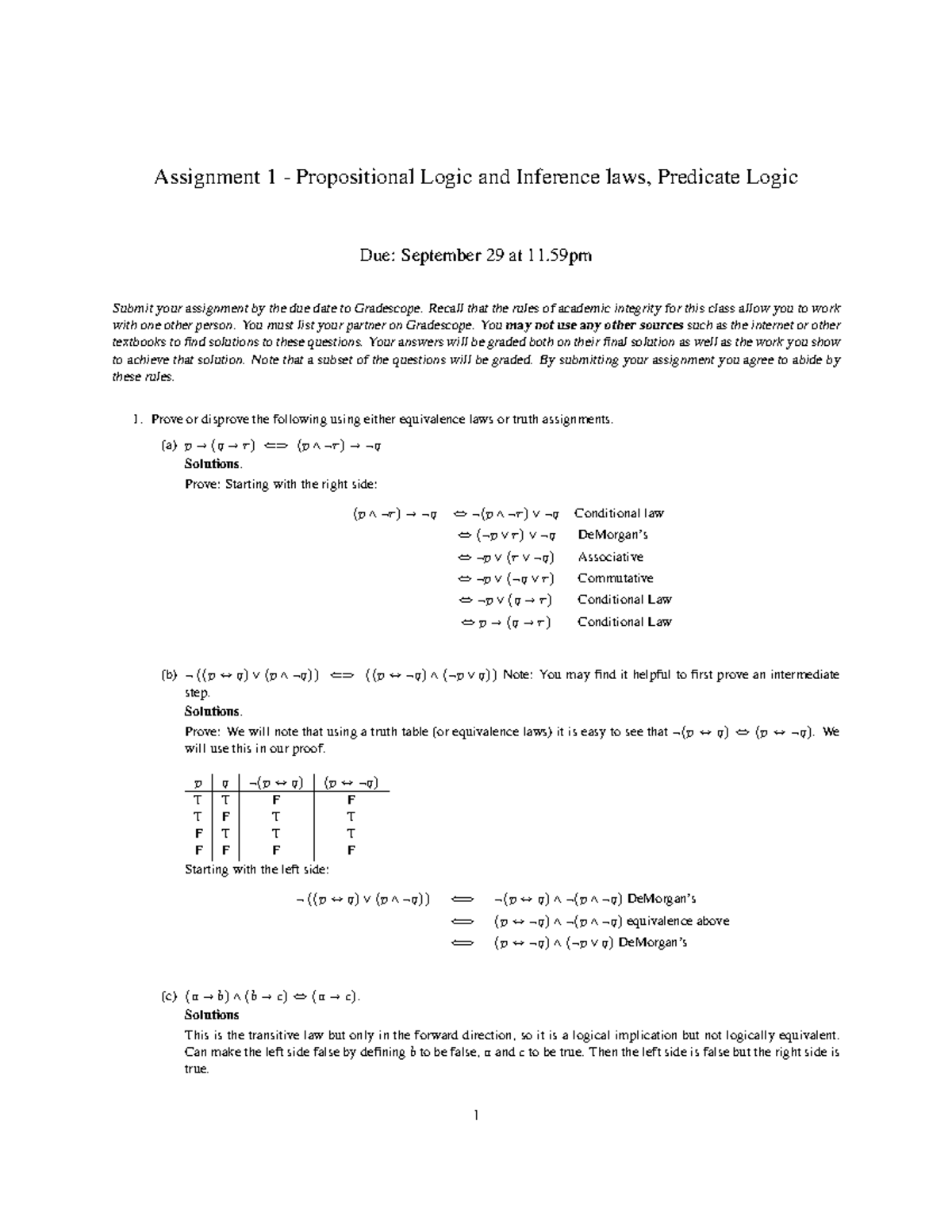 Assignment 1 2023 Fall Solution - Assignment 1 - Propositional Logic and Inference laws ...