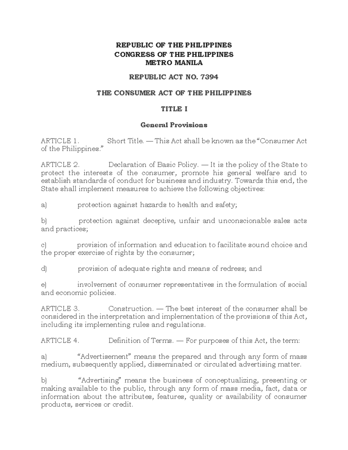 Republic ACT 7394 Lecture Notes 1 REPUBLIC OF THE PHILIPPINES