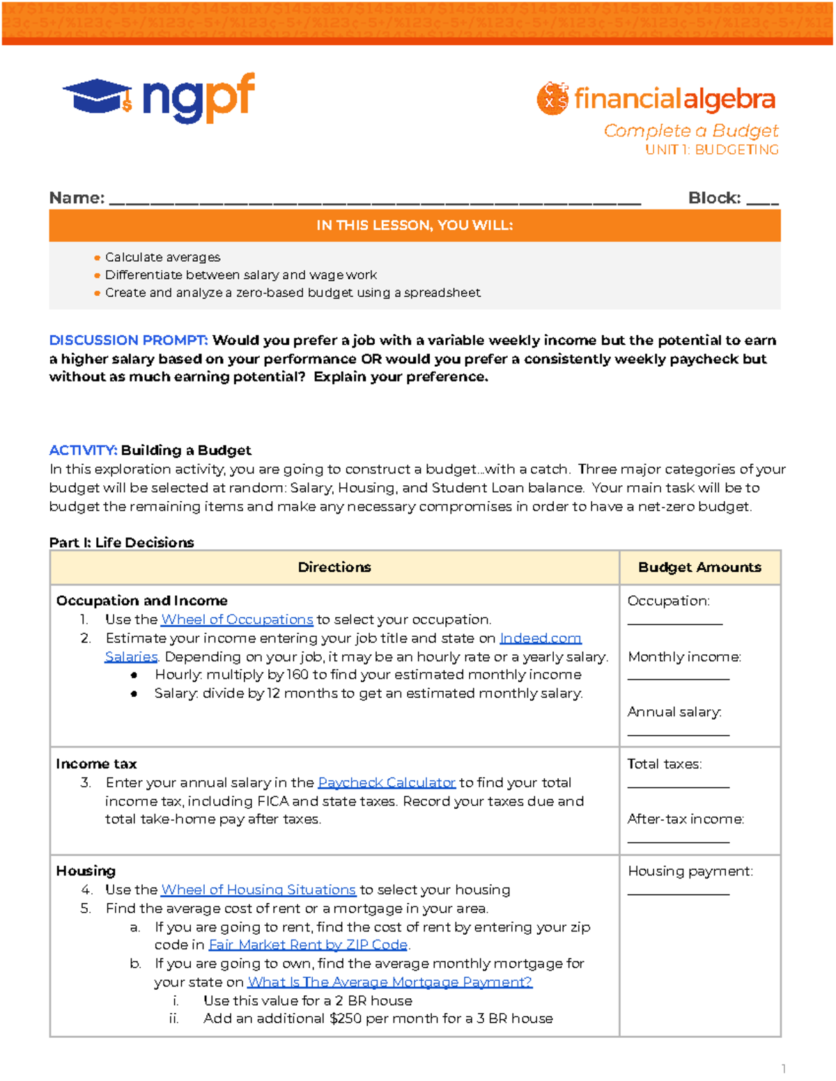 1.7 - Making a Budget - just work - Complete a Budget UNIT 1: BUDGETING Name: - Studocu