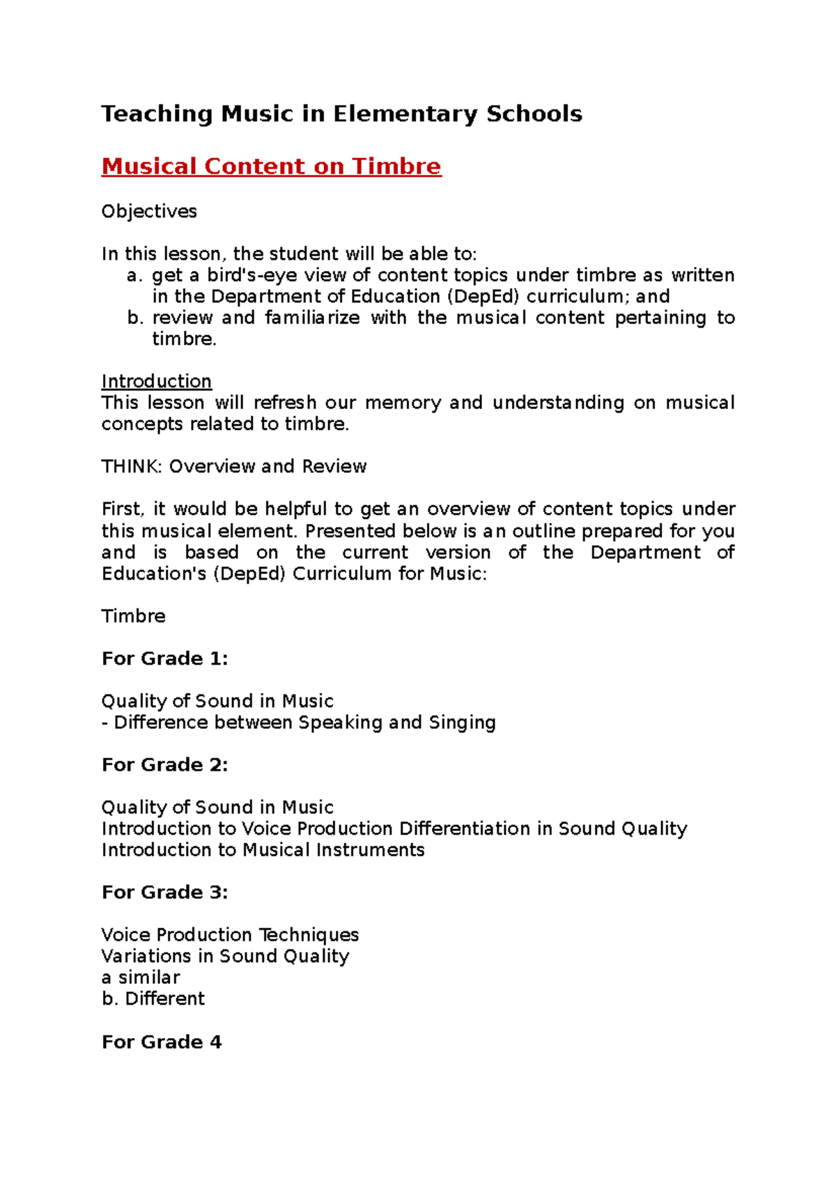 Teaching Music in Elementary Schools-Musical Content on Timbre ...