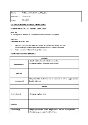 CHM413 LAB 1 - CHM 413 (ORGANIC CHEMISTRY) EXPERIMENT 1: EXTRACTION AND DRYING OF AN AQUEOUS ...