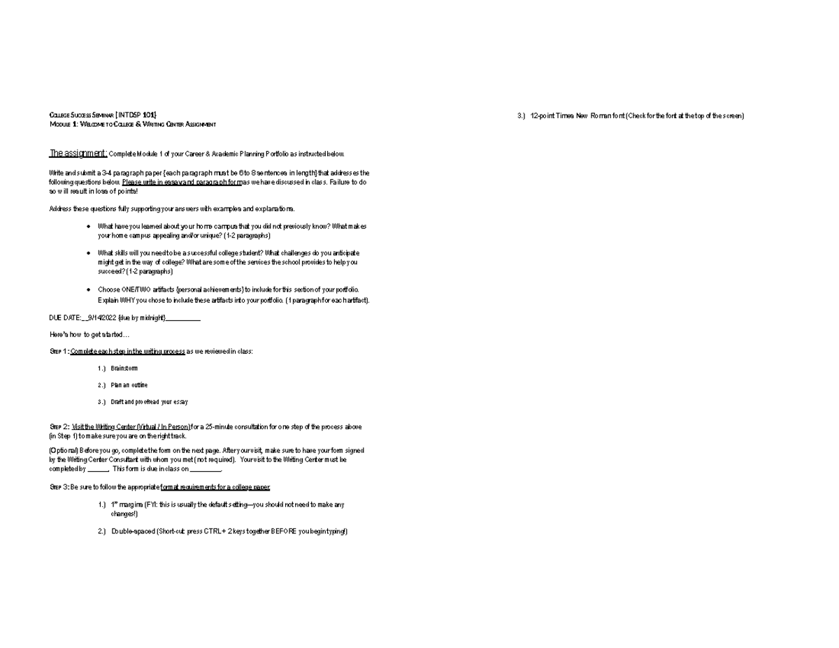Module 1 - Assignment - COLLEGE SUCCESS SEMINAR (INTDSP 101) MODULE 1 ...