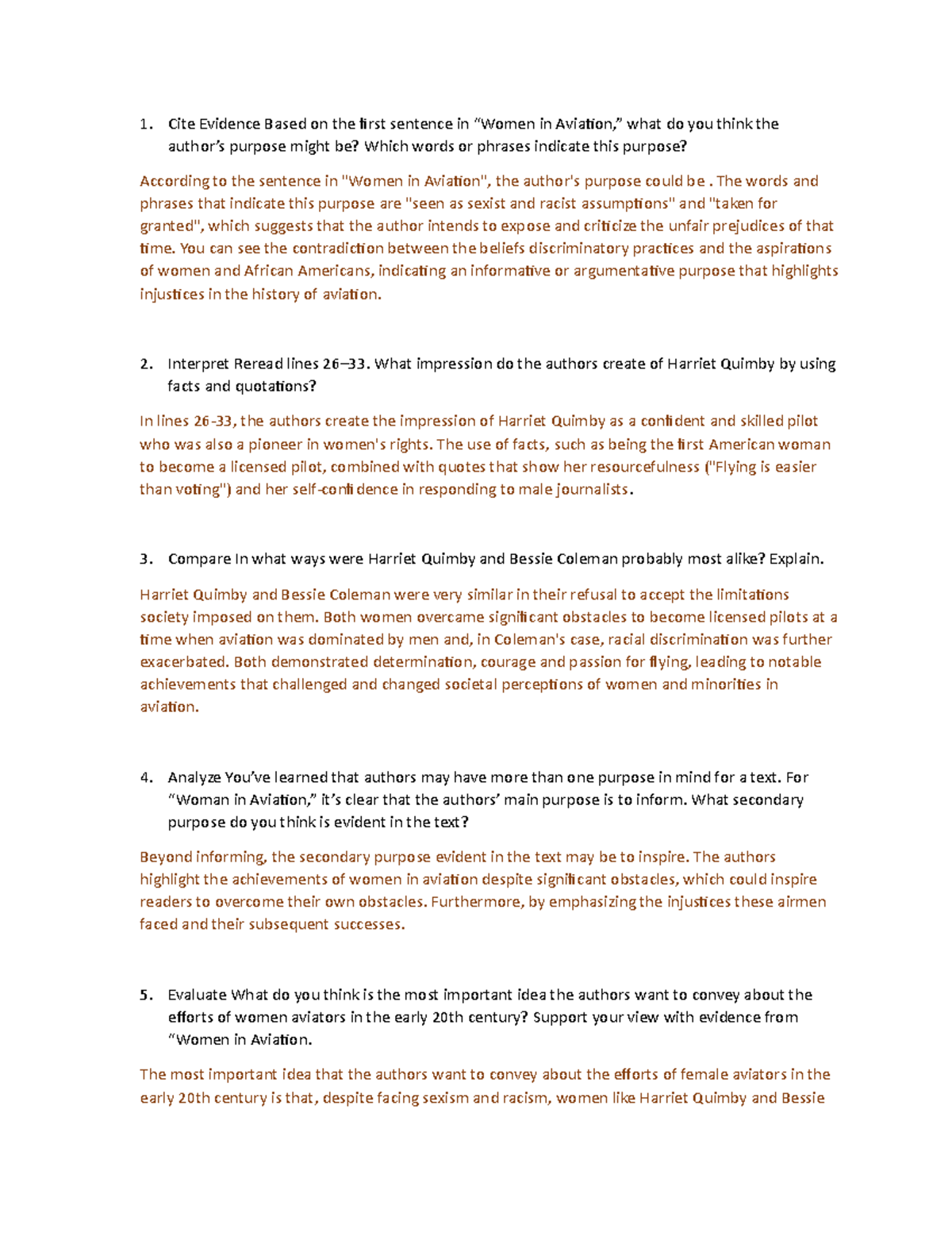Women in Aviation - Cite Evidence Based on the first sentence in “Women ...
