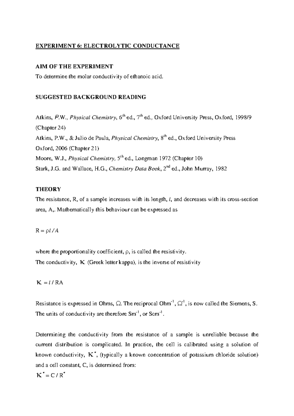 Experiment 6- Electrolytic conductance - EXPERIMENT 6: ELECTROLYTIC ...