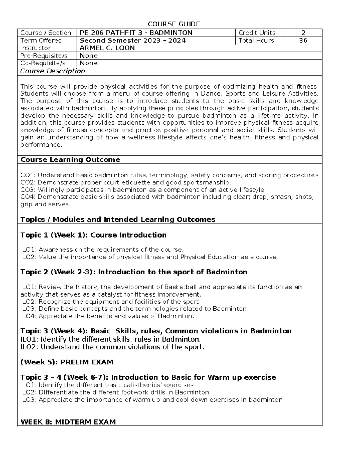 Badminton Course Guide - COURSE GUIDE Course / Section PE 206 PATHFIT 3 ...