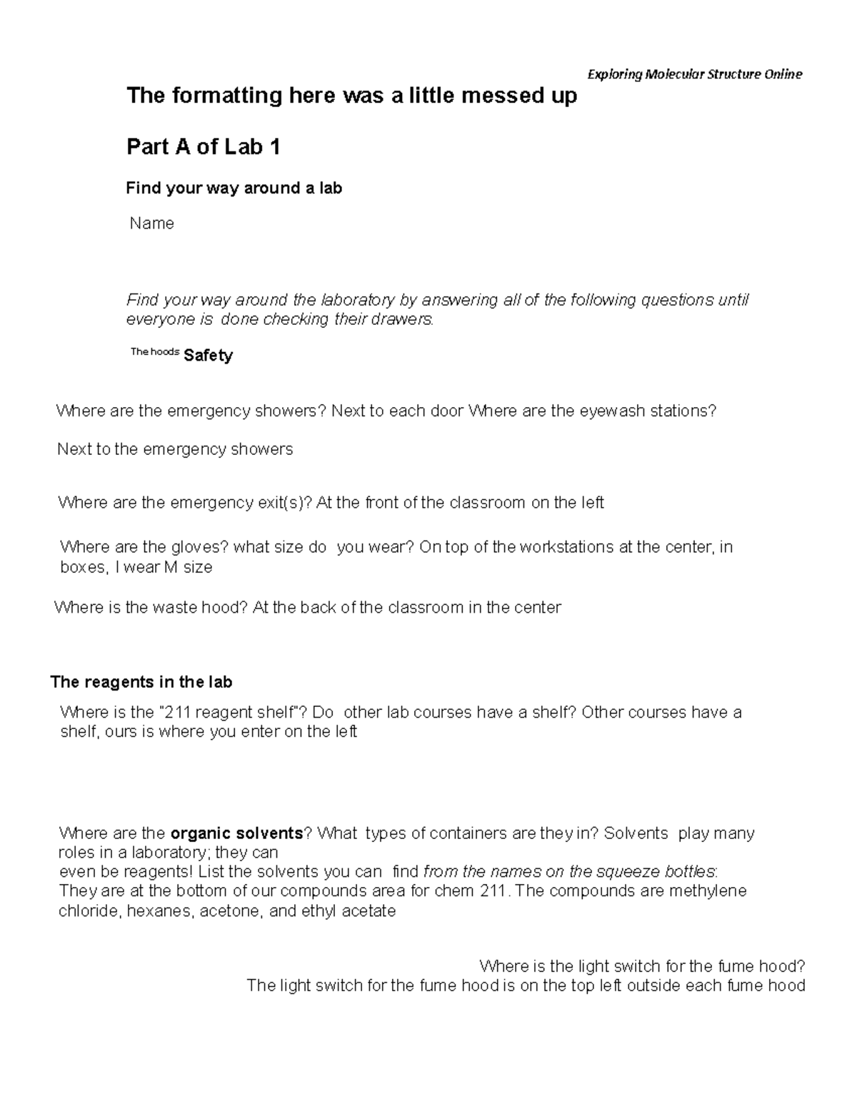 Lab 1 chem 211 - Lab assignment #1 - The formatting here was a little messed up Part A of Lab 1 ...