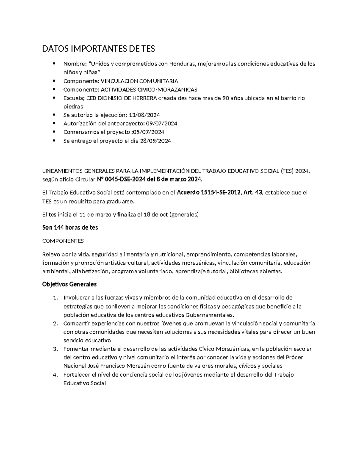 Datos Importantes DE TES - DATOS IMPORTANTES DE TES Nombre: “Unidos y ...