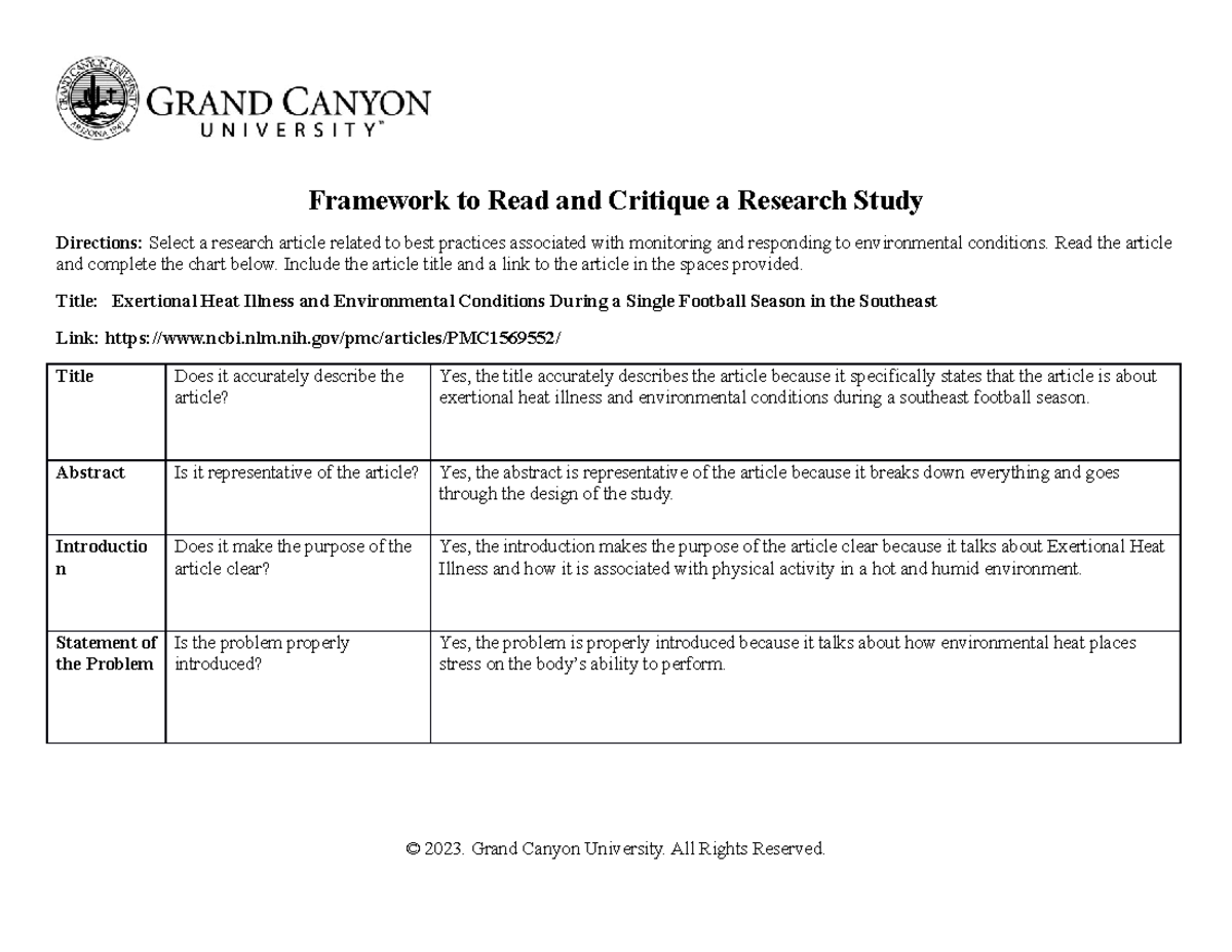 Research Study - Framework to Read and Critique a Research Study ...