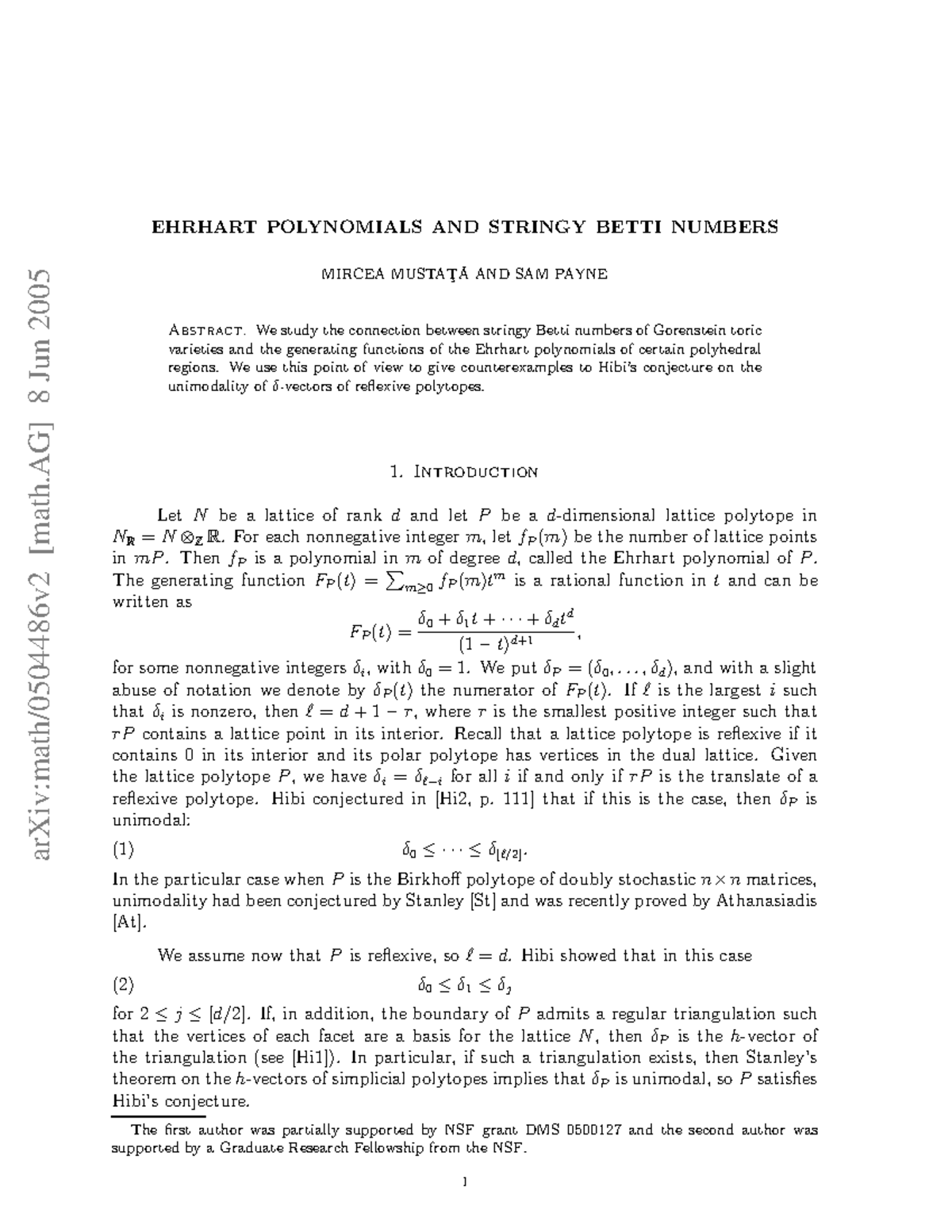 0504486 - Cours - arXiv:math/0504486v2 [math] 8 Jun 2005 EHRHART ...