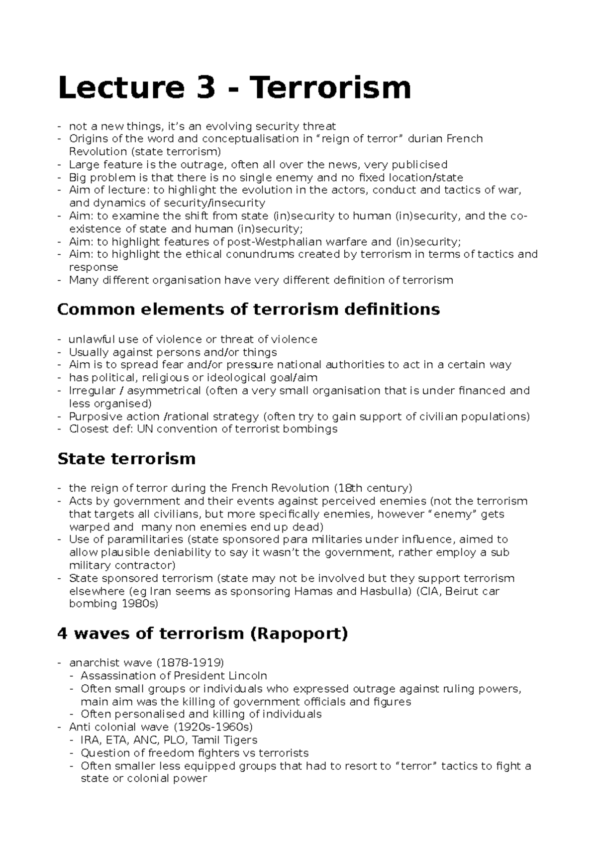 Security studies lecture 3 - 4 - Lecture 3 - Terrorism - not a new things, it’s an evolving ...