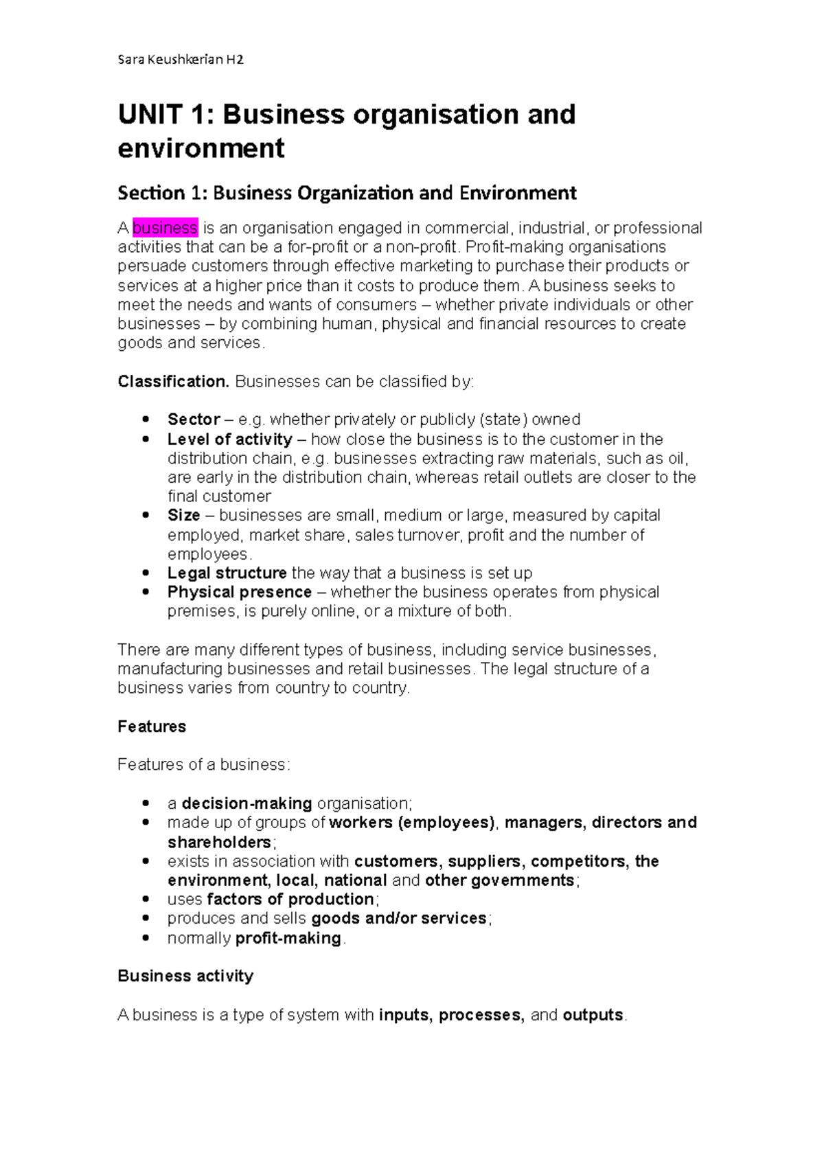 Business Resumen - UNIT 1: Business organisation and environment Section 1: Business ...