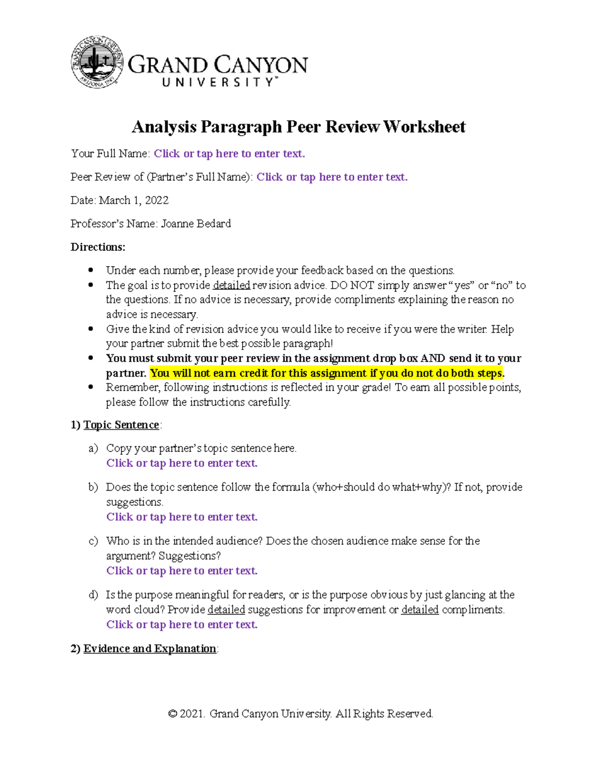 UNV-100 Analysis Paragraph Peer Review Worksheet - Analysis Paragraph ...