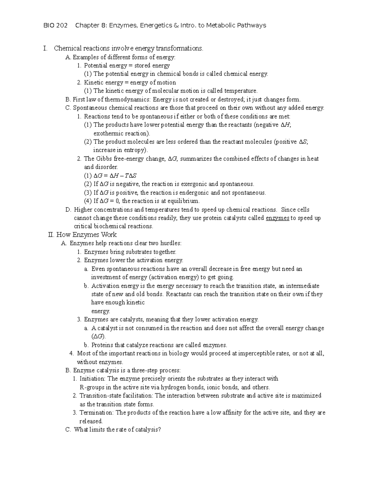 Ch. 8 outline - BIO 202 Chapter 8: Enzymes, Energetics & Intro. to ...