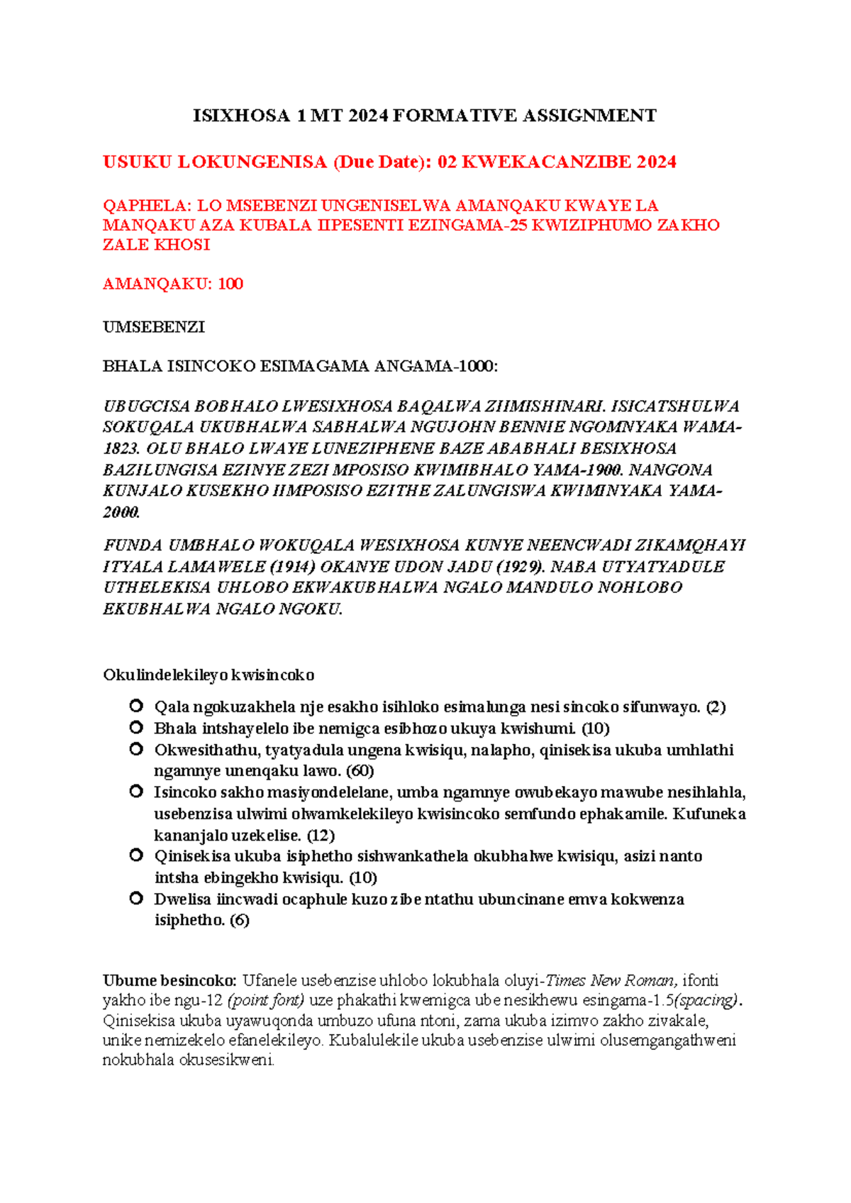 Isincoko Samanqaku - ISIXHOSA 1 MT 2024 FORMATIVE ASSIGNMENT USUKU ...