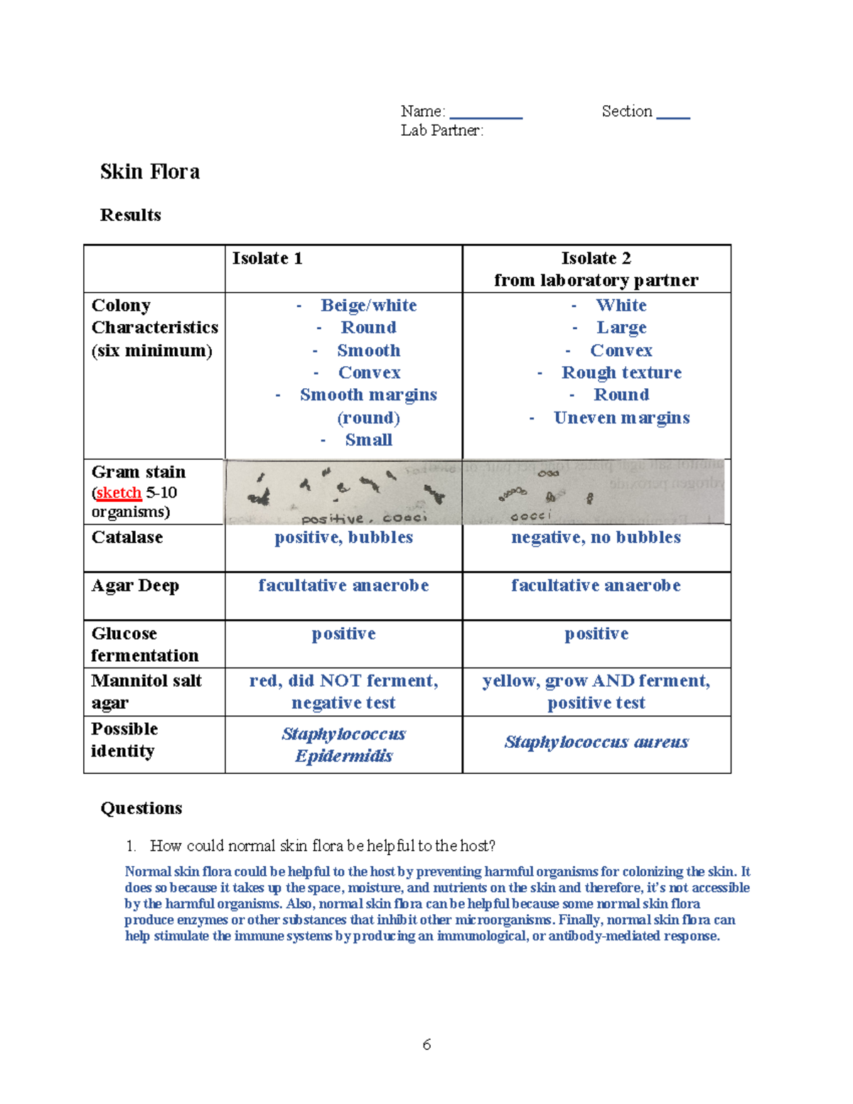 BIO245L - Lab #12 - Skin Microbiota - 6 Name: Mia Klein Section 1010 ...