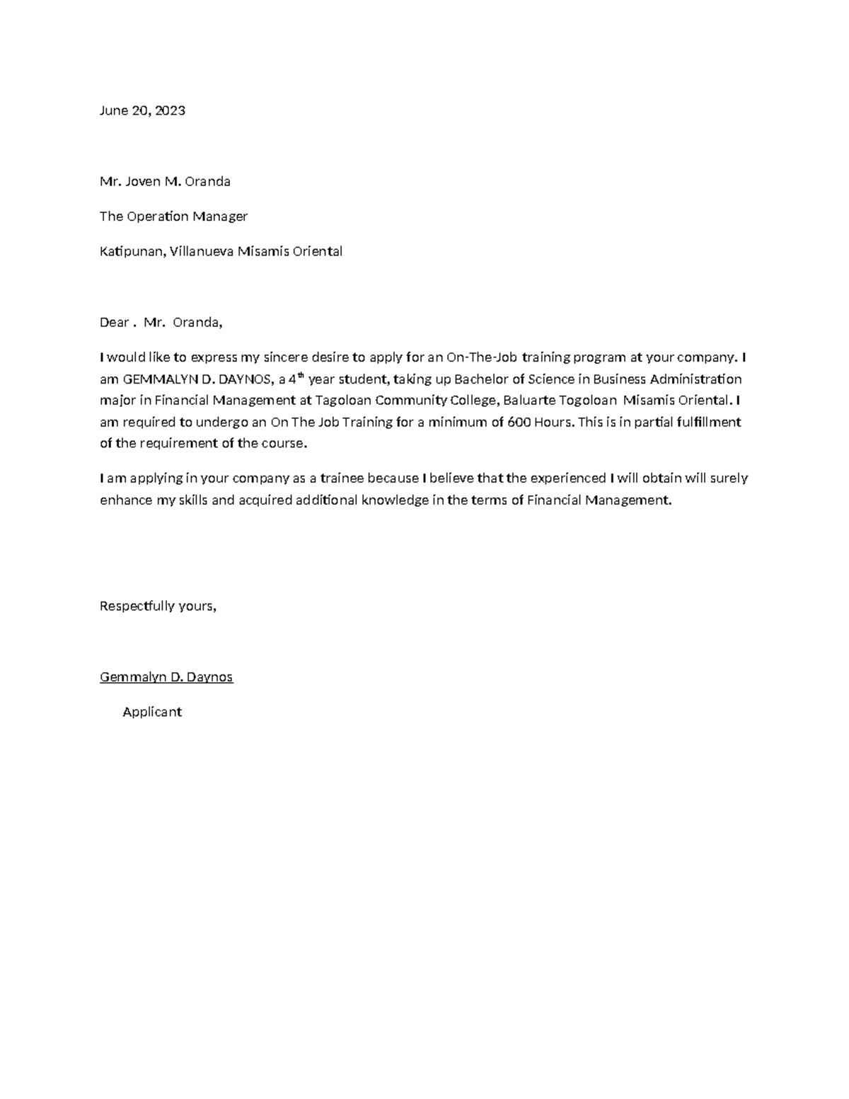 Application letter - N/A - June 20, 2023 Mr. Joven M. Oranda The ...