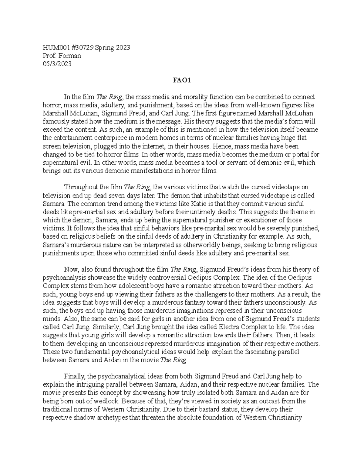 FAO1 - This was one of the two final essays assigned in the HUM 1 class ...