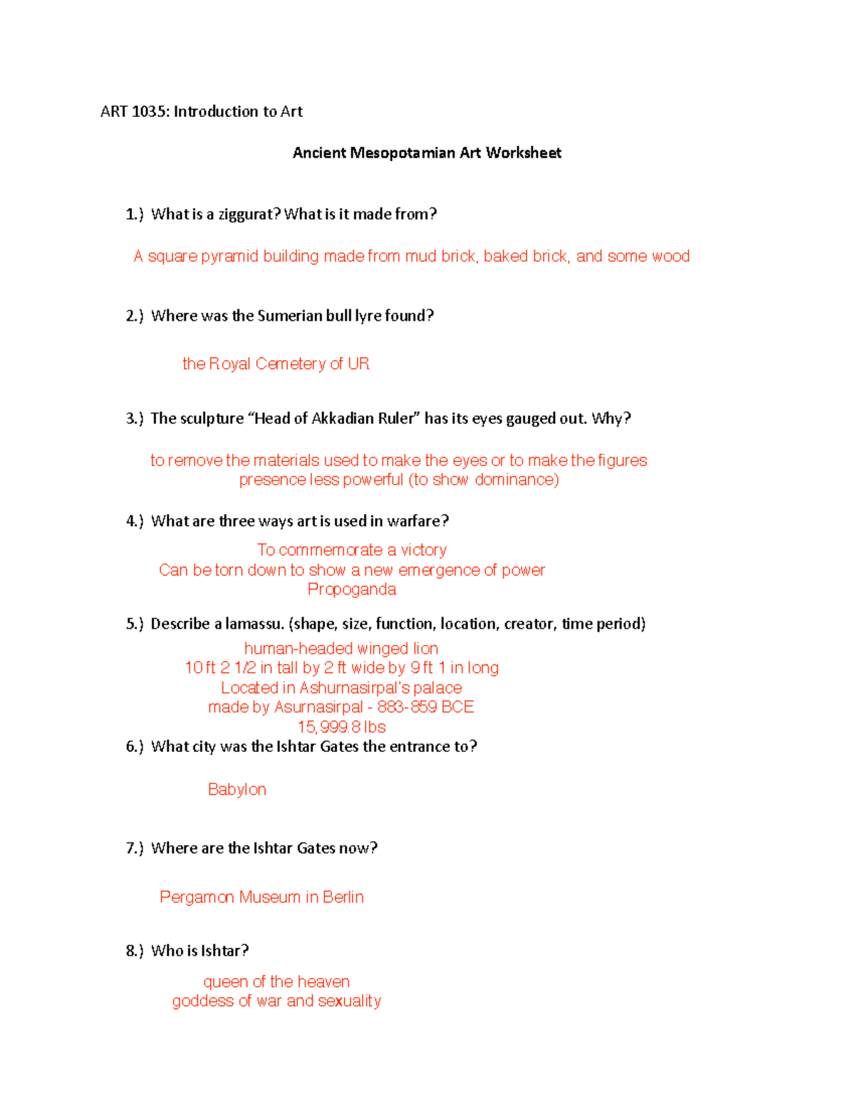 Ancient Mesopotamian art worksheet - ART 2065 - ART 1035: Introduction ...