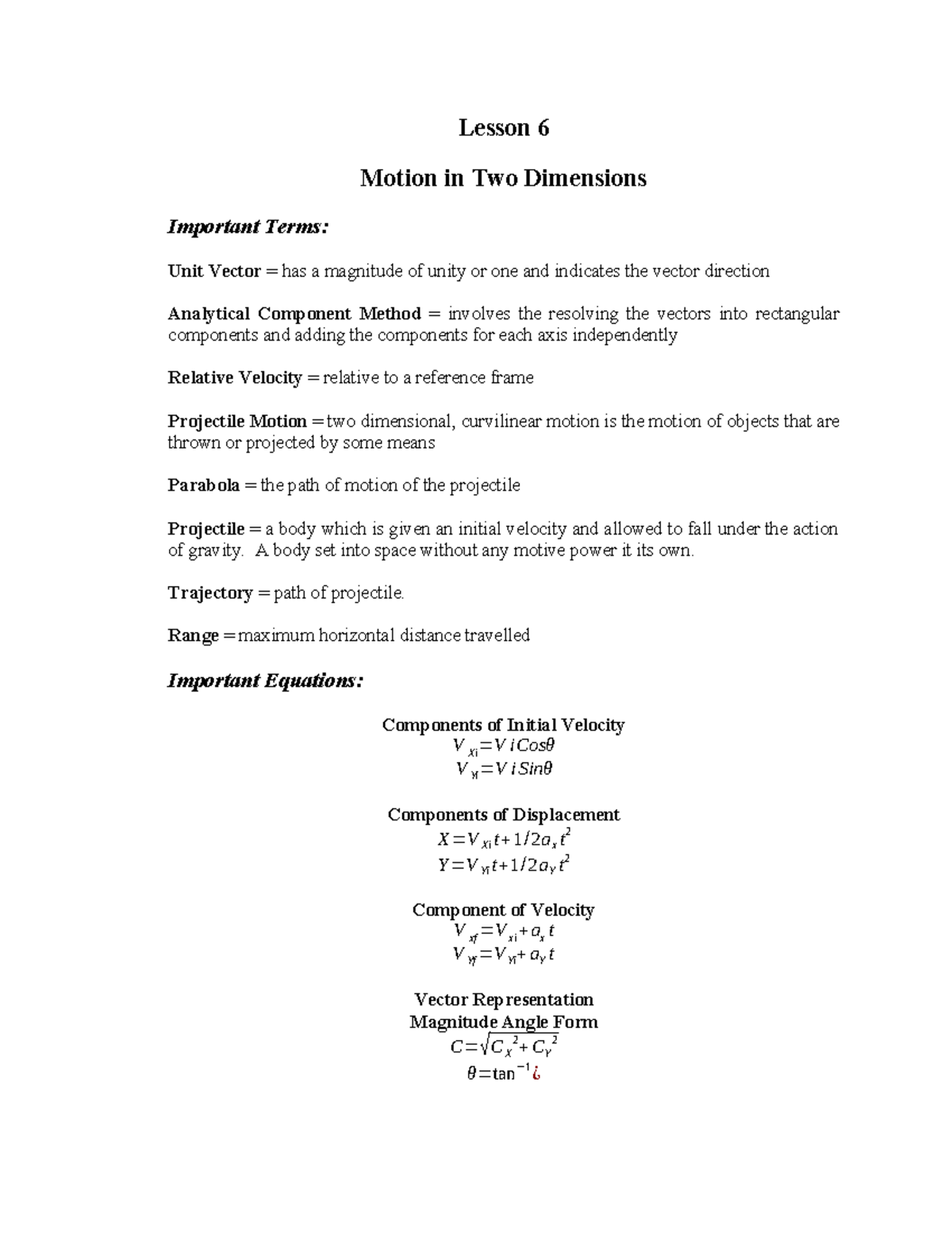 Lesson 6 Assignment - Lesson 6 Motion in Two Dimensions ...