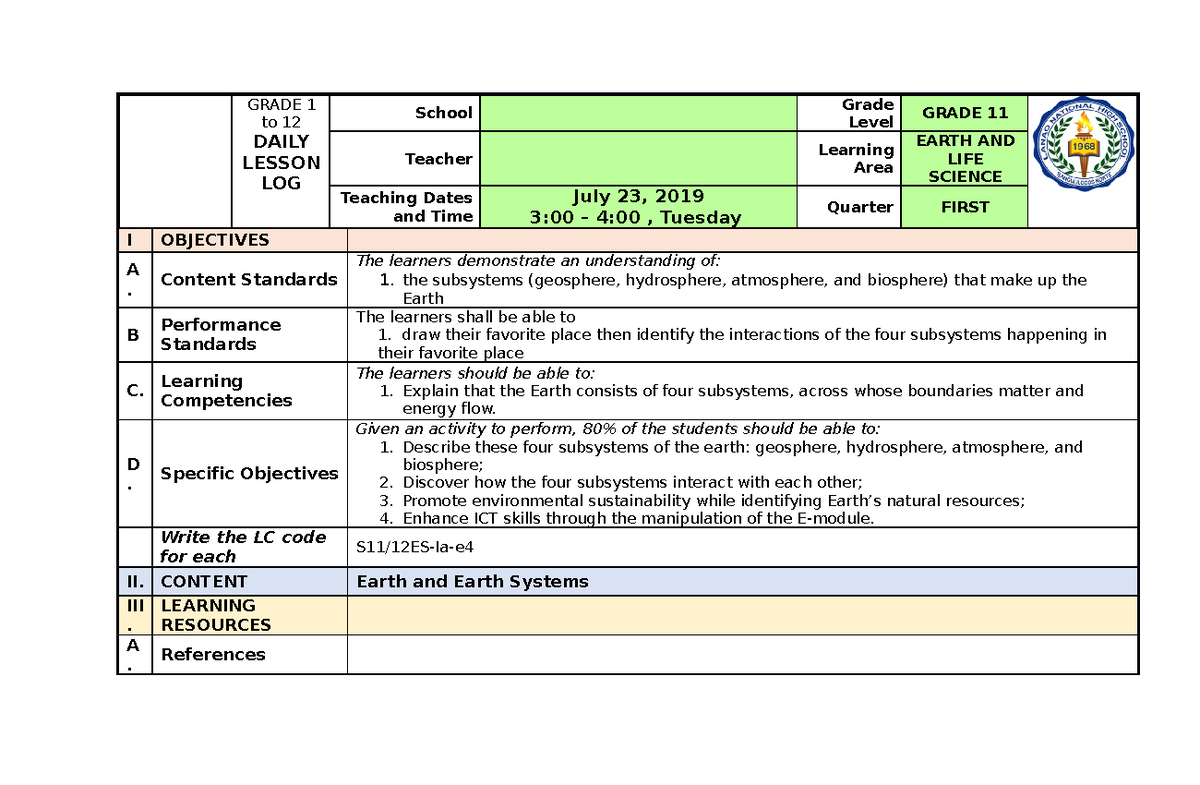 DLL on Earth Subsystems - GRADE 1 to 12 DAILY LESSON LOG School ...