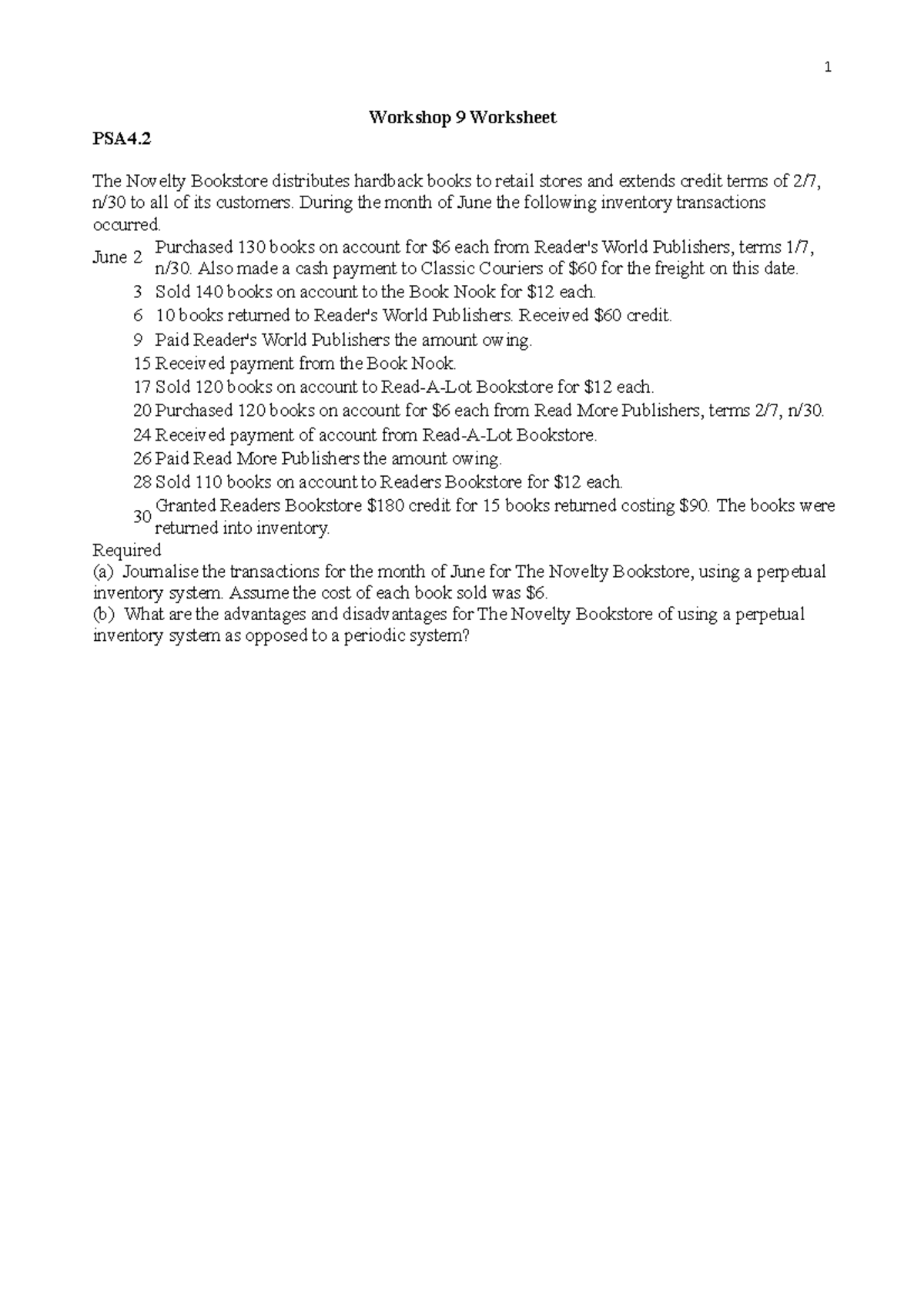 Workshop Worksheet 9 - Workshop 9 Worksheet PSA4. The Novelty Bookstore ...