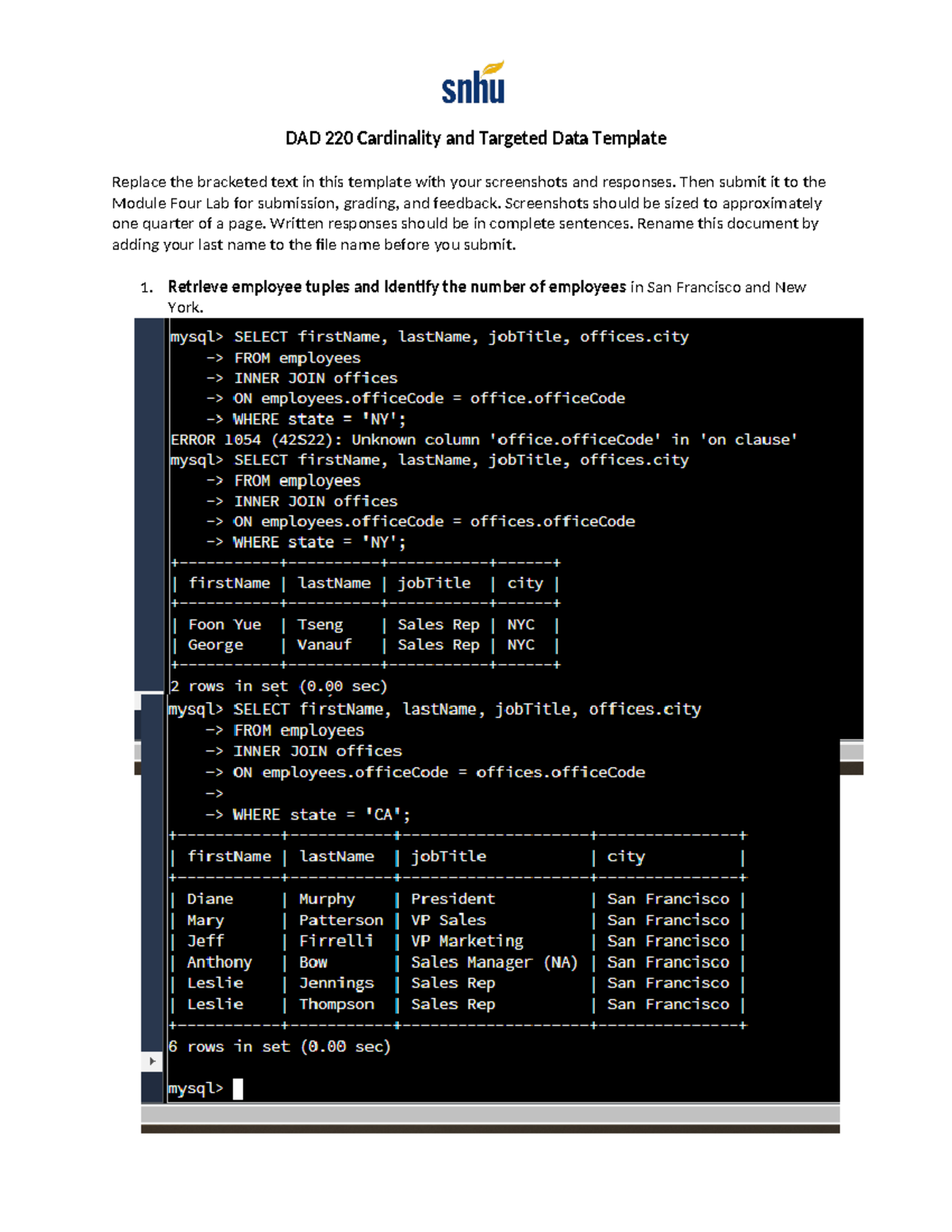 DAD 220 Cardinality and Targeted Data Template - DAD 220 Cardinality ...