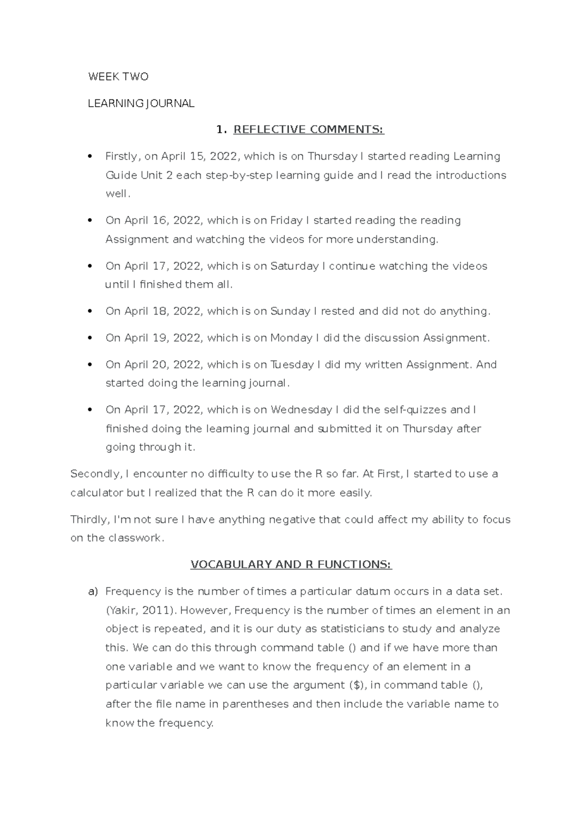 WEEK 2 Learn Writting Assignment - WEEK TWO LEARNING JOURNAL 1 ...