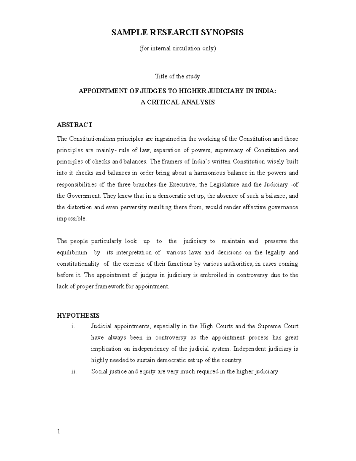 Synopsis sample - Helpful - SAMPLE RESEARCH SYNOPSIS (for internal ...