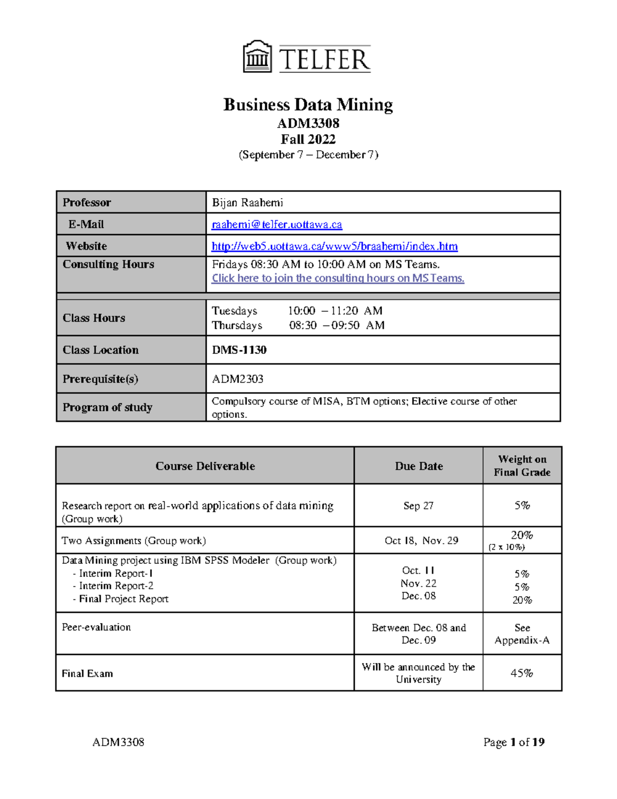 Syllabus-ADM3308-Fall2022 - Business Data Mining ADM Fall 2022 (September 7 – December 7 ...