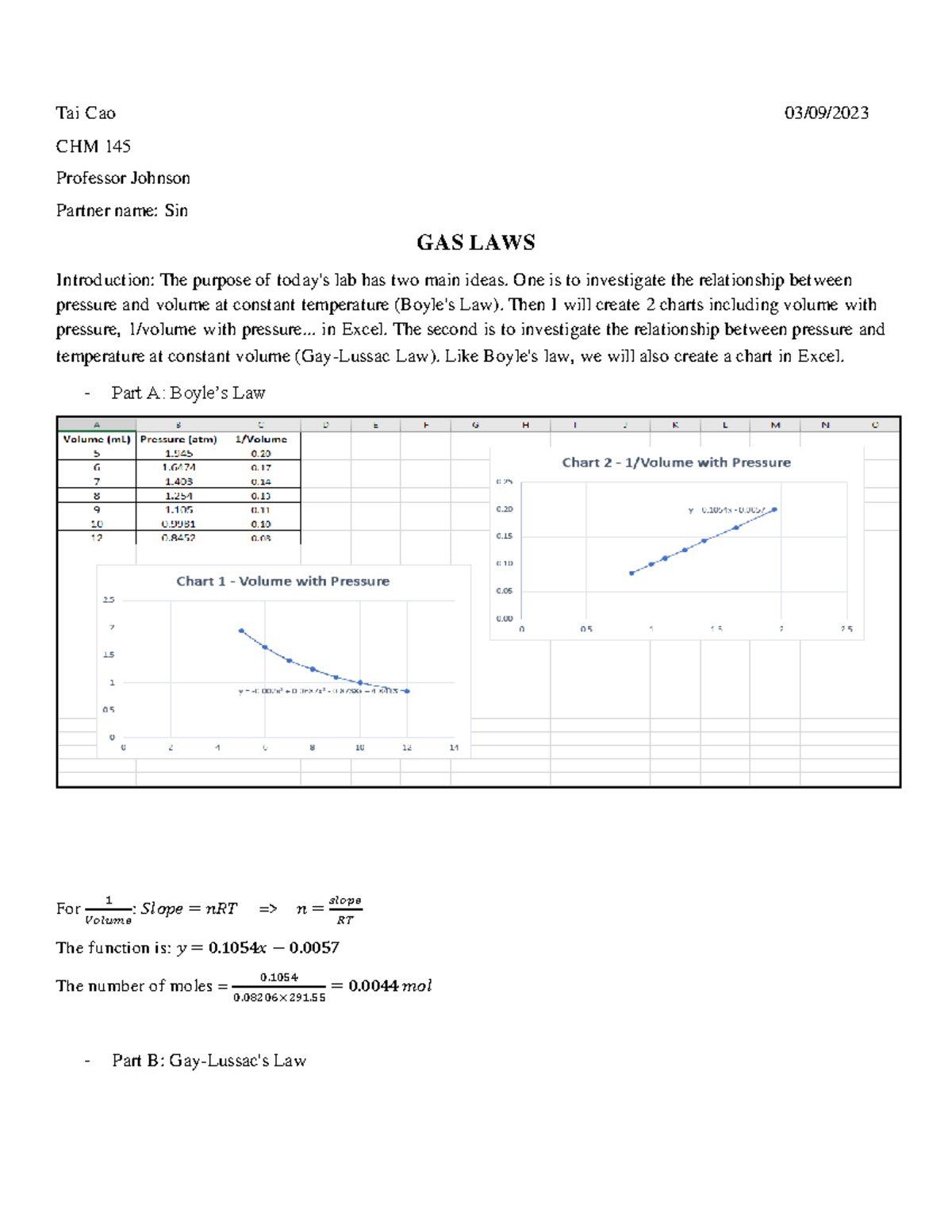 Gas Laws - Lab Report - Tai Cao 03/09/ CHM 145 Professor Johnson ...