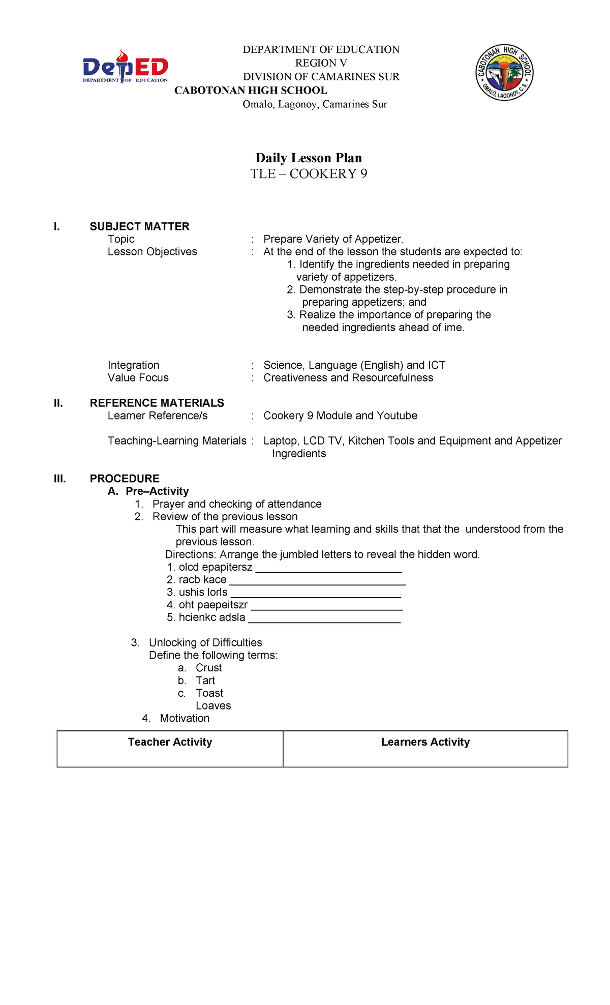 DLP- Prepare Variety OF Appetizer-1 - DEPARTMENT OF EDUCATION REGION V ...