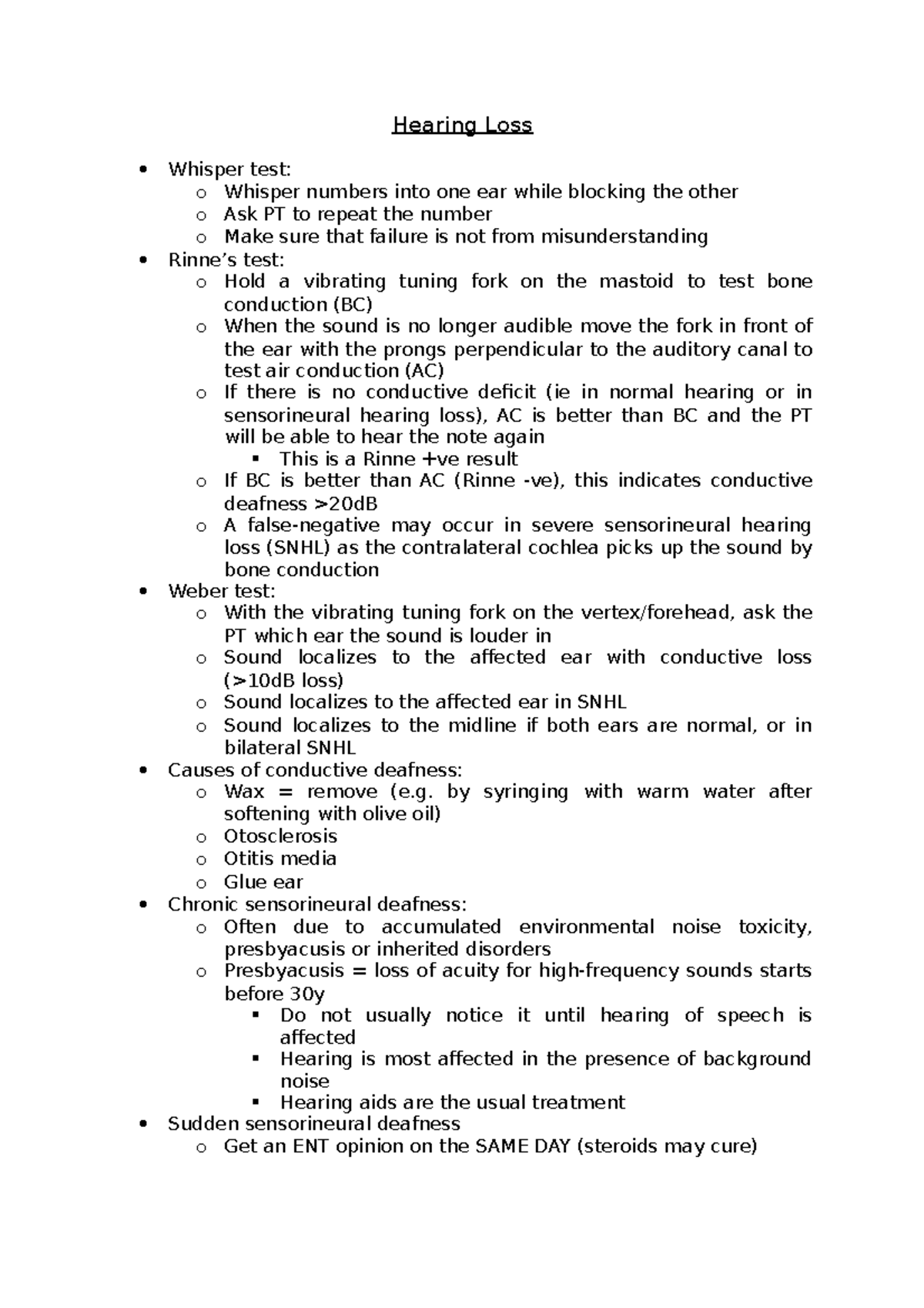Hearing Loss - Hearing Loss Whisper test: o Whisper numbers into one ...