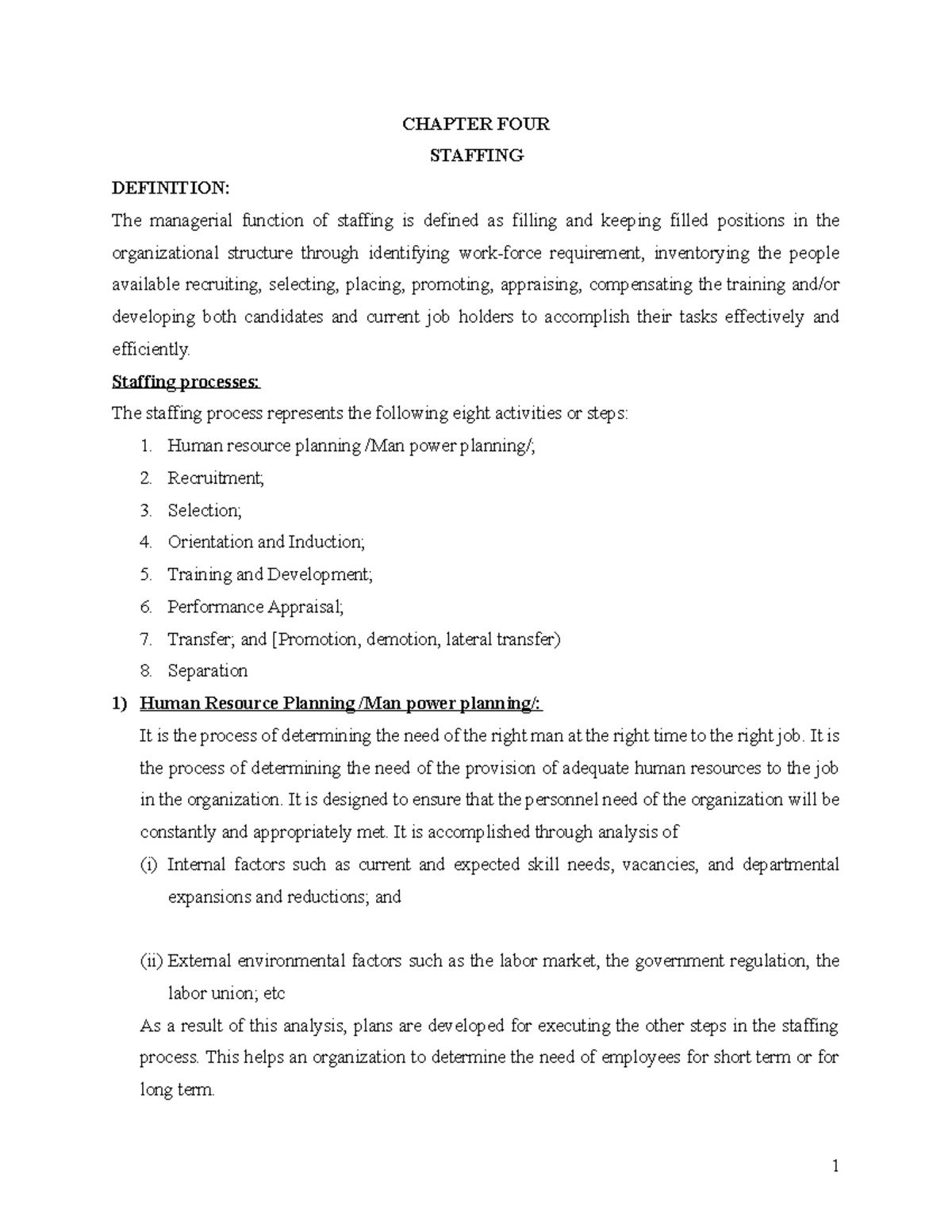 Ch - Introduction to Management - CHAPTER FOUR STAFFING DEFINITION: The ...