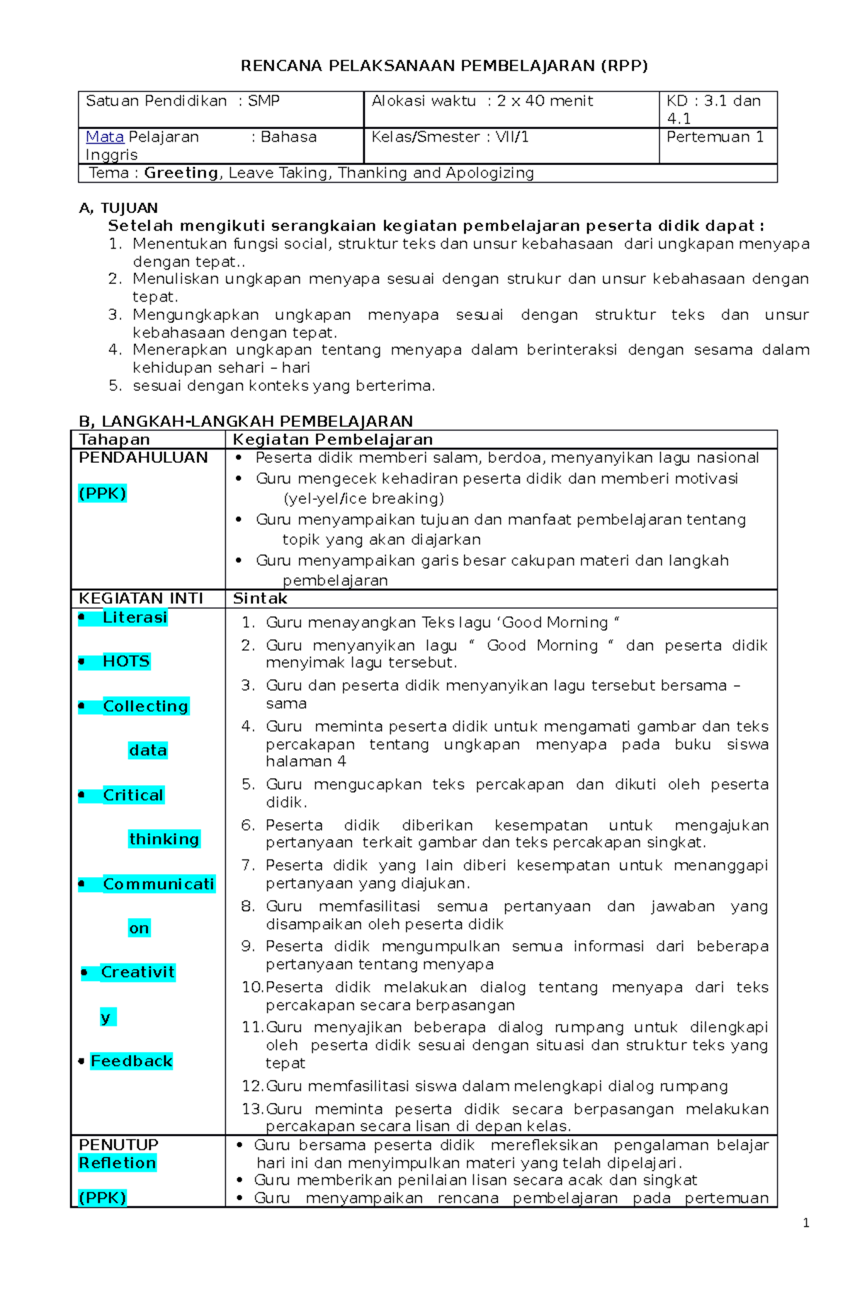 RPP BING 7, 2020 - RPP BING 7, 2020 - RENCANA PELAKSANAAN PEMBELAJARAN (RPP) Satuan Pendidikan ...