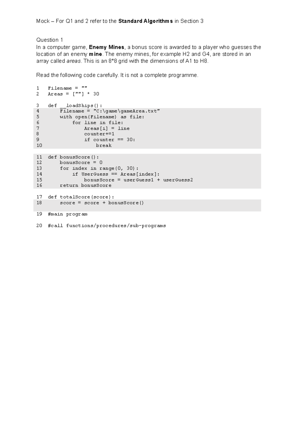 Outcome 1 Python Mock Question 1 In A Computer Game Enemy Mines A Bonus Score Is Awarded To 5949