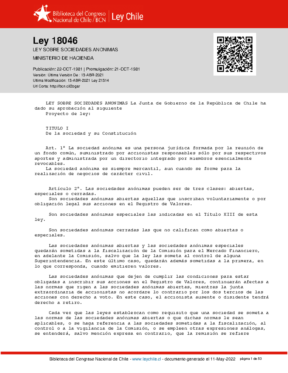 LEY-18046 22-OCT-1981 - Ley 18046 LEY SOBRE SOCIEDADES ANONIMAS ...